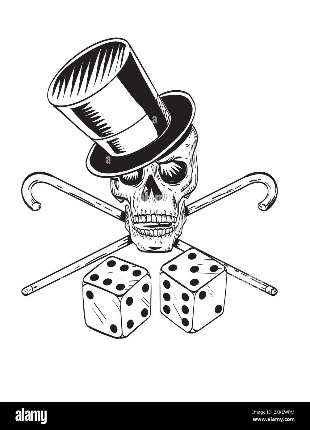 Comics style drawing or illustration of a skull wearing top hat with ...