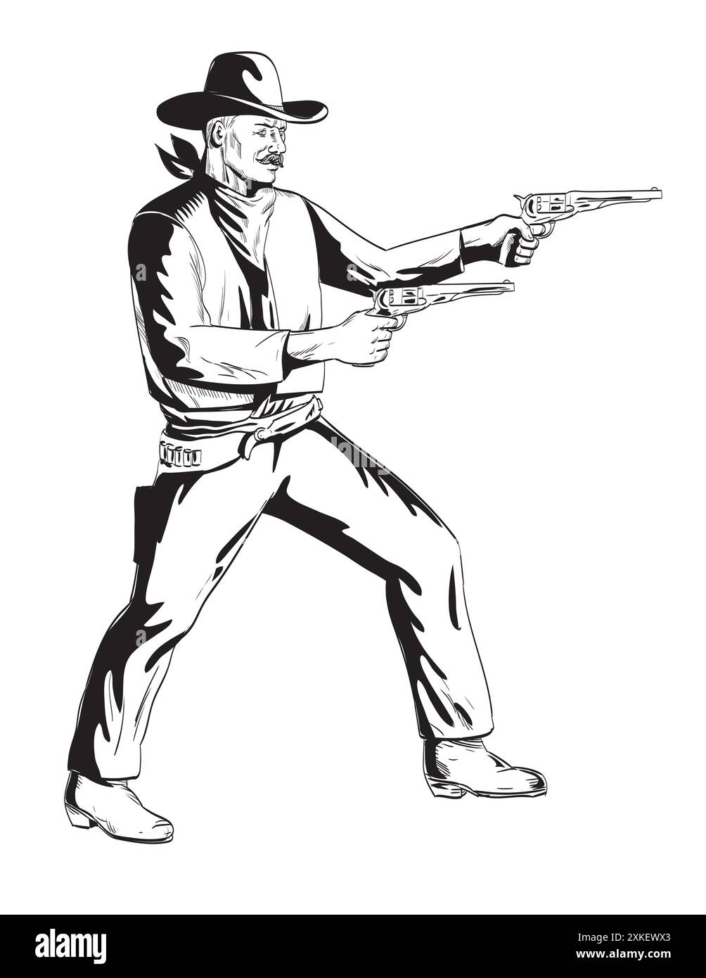 Comics style drawing or illustration of a cowboy with two pistol ...