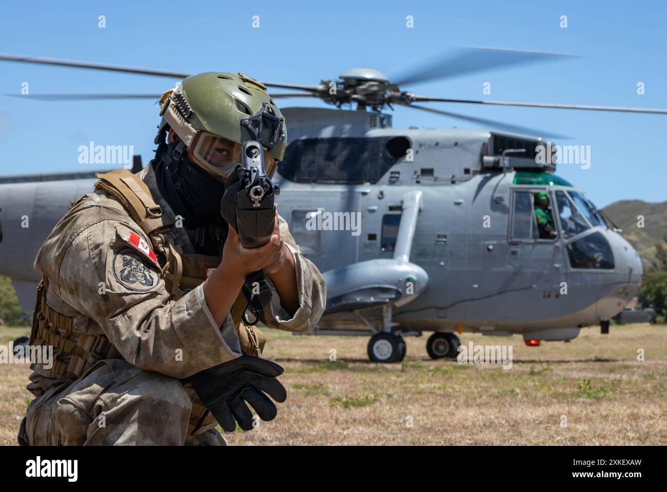 A Peruvian Naval Infantry Corps marine holds security after fast-roping ...