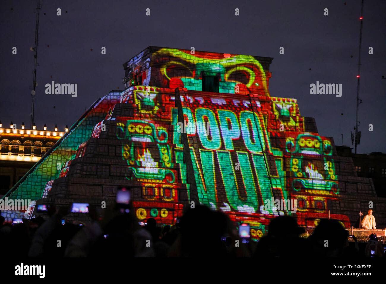 replica of the Kukulkan Pyramid of Chichén Itzá illuminated in a light ...