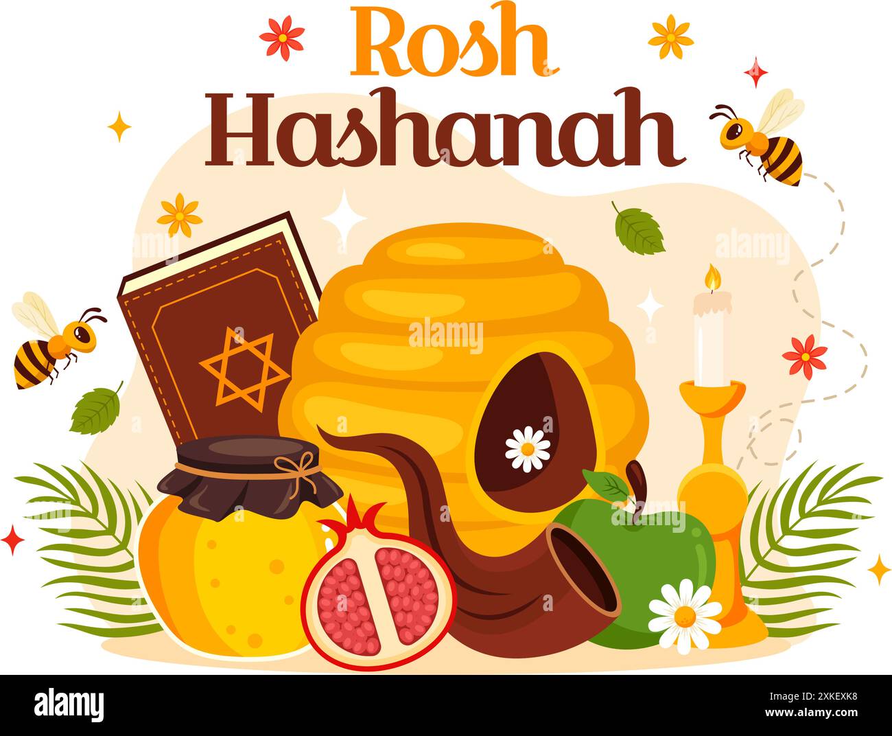 Happy Rosh Hashanah Vector Illustration of Jewish New Year Holiday with Apple, Pomegranate ...