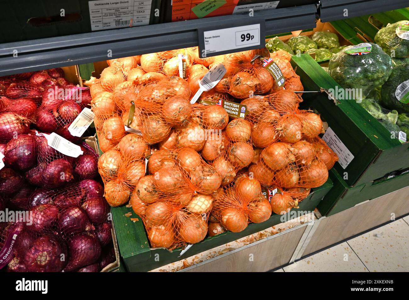 British brown onions on a shelf in lidl – Wales, UK – 18 July 2024 ...
