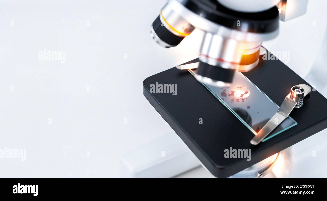 Medical laboratory, scientist hands using microscope for chemistry test ...