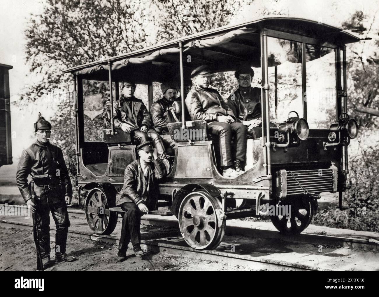Russia, 1920 Red Army soldiers sitting in a section car on a railway ...