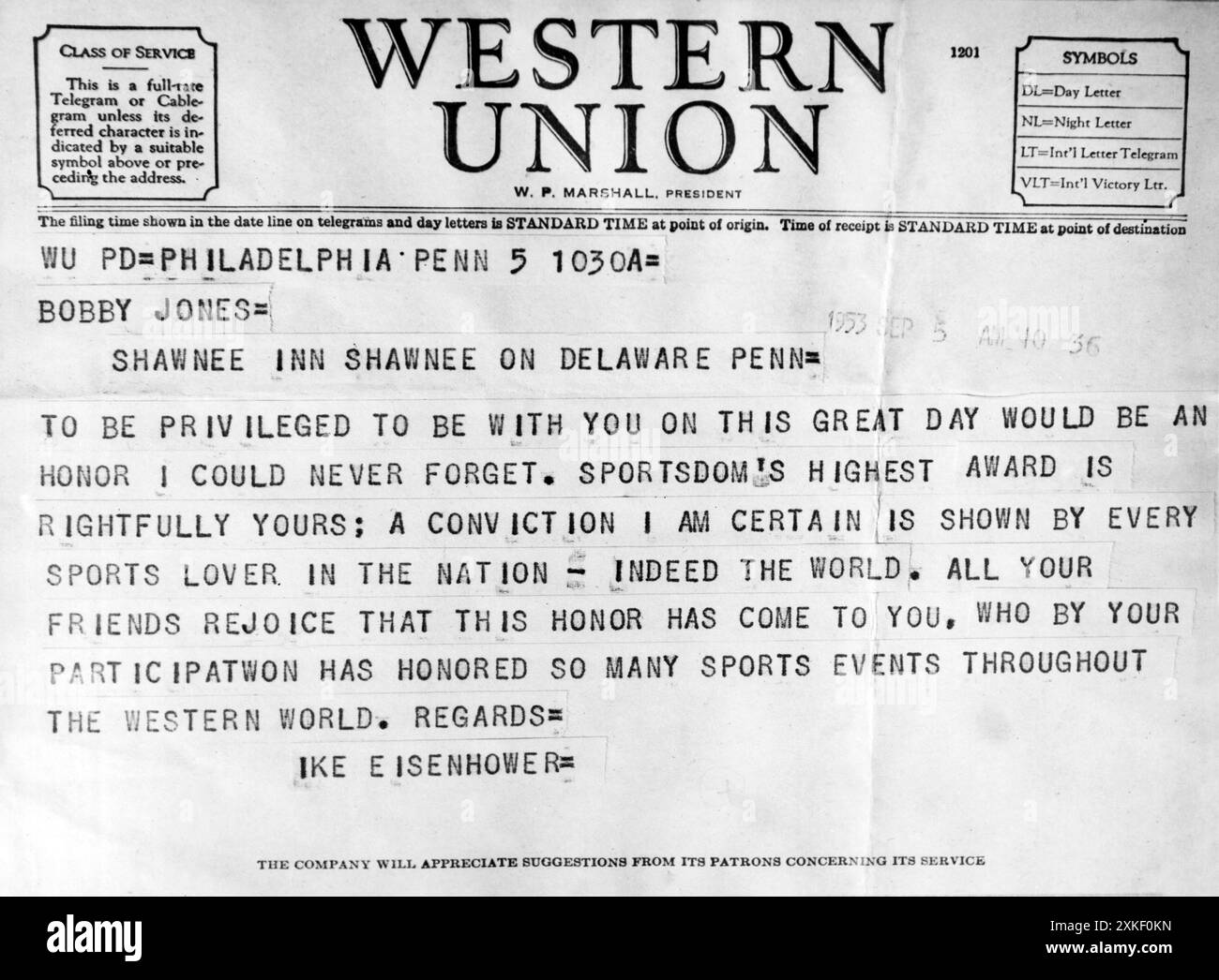 Philadelphia, Pennsylvania, September 5, 1953 A telegram of ...