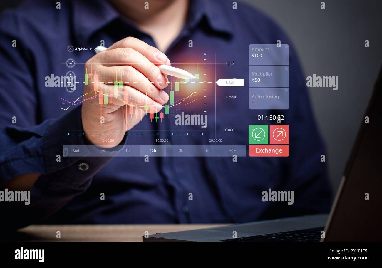 man use a pen to point out the intersection of bar graphs in deciding ...