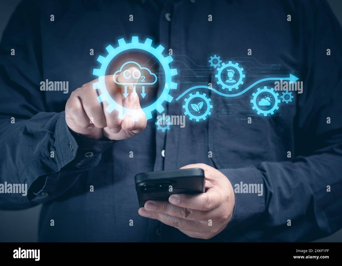 A man uses a mobile phone to order tasks to check carbon climate ...
