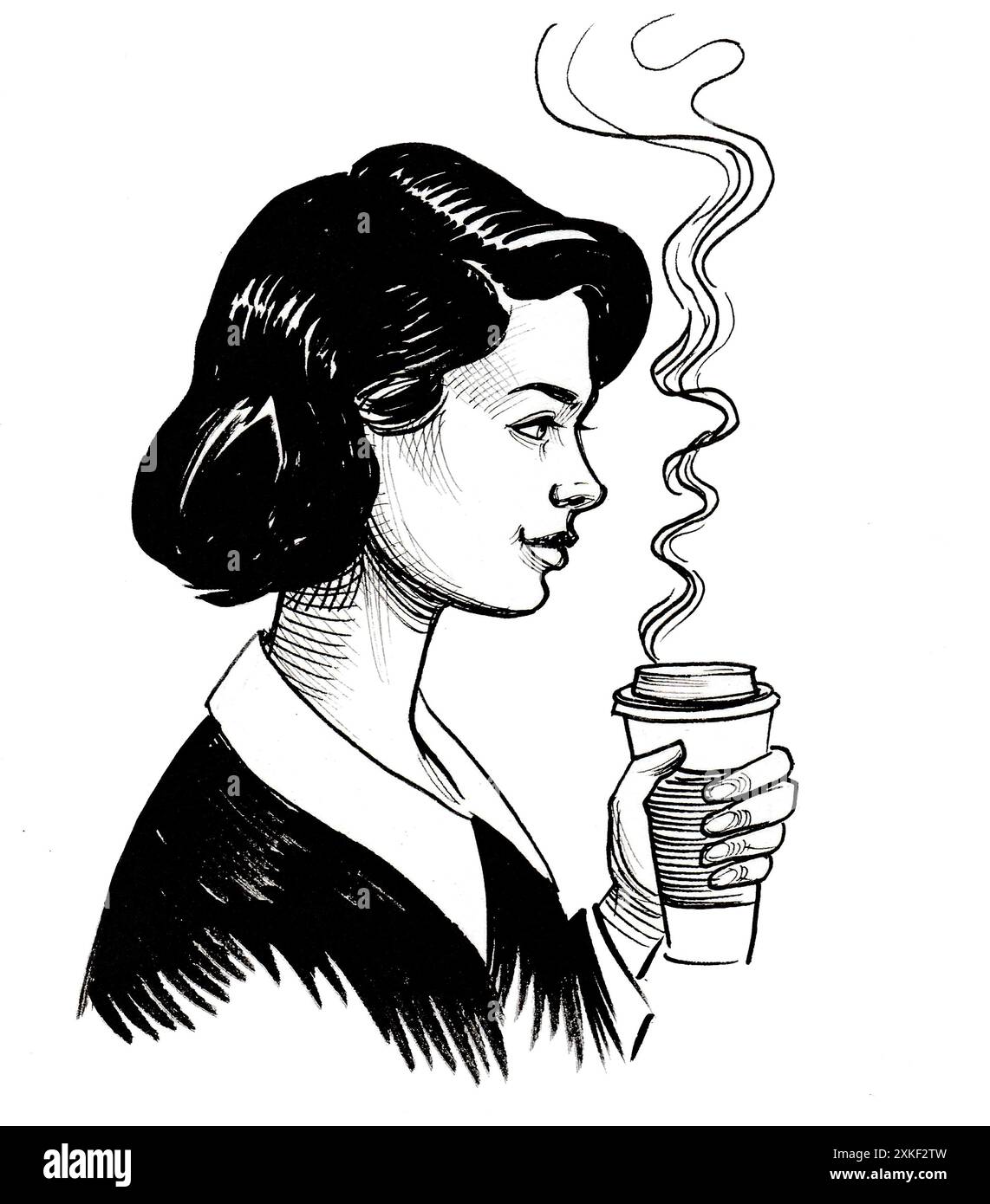 Pretty woman drinking a cup of coffee. Hand drawn retro styled ink ...