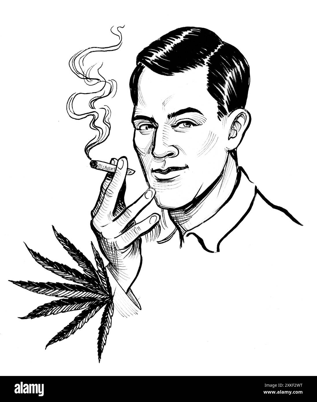 Man smoking marijuana joint. Hand drawn retro styled ink black and ...