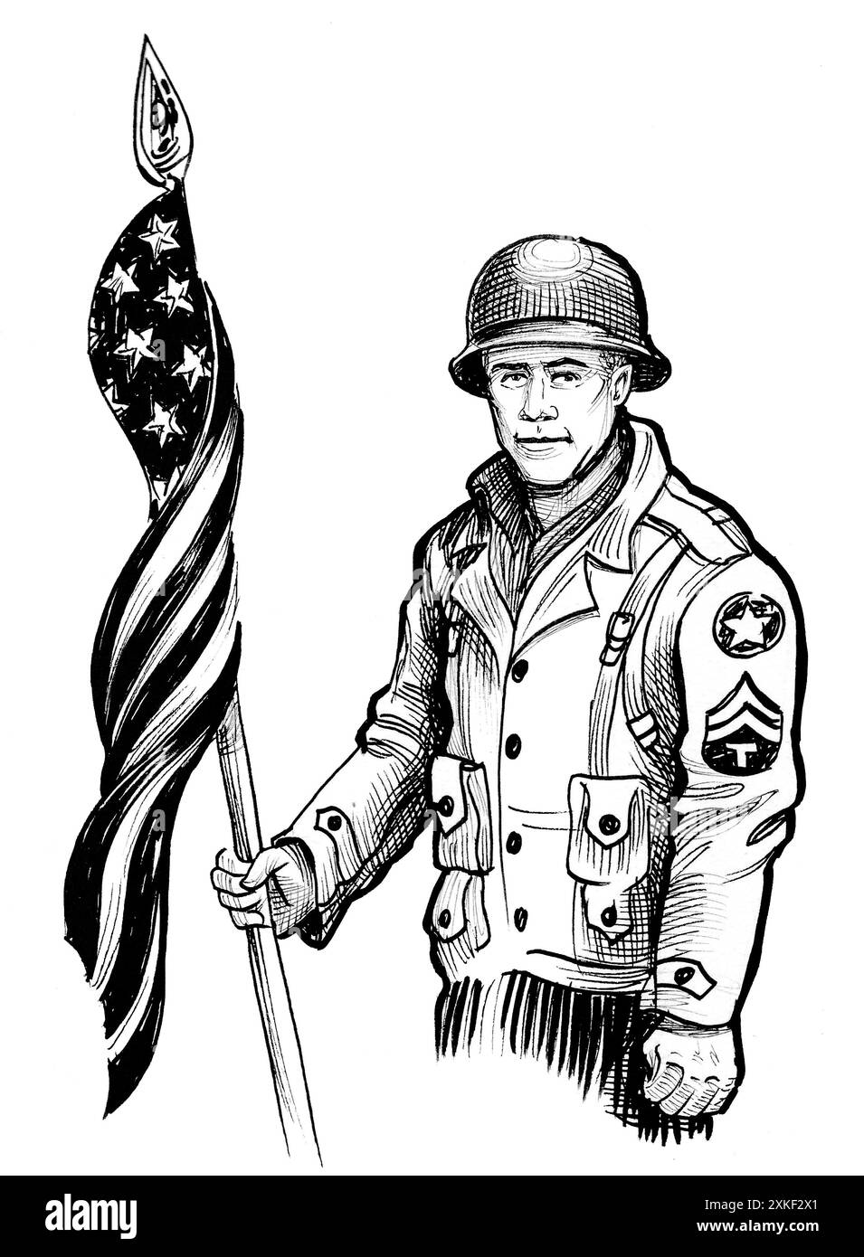Soldier in uniform with American flag. Hand drawn retro styled ink ...