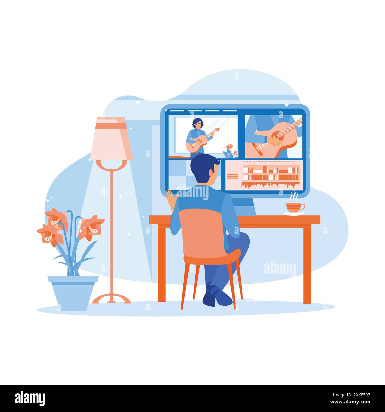 Content creator working on post-production on a film at home office at ...