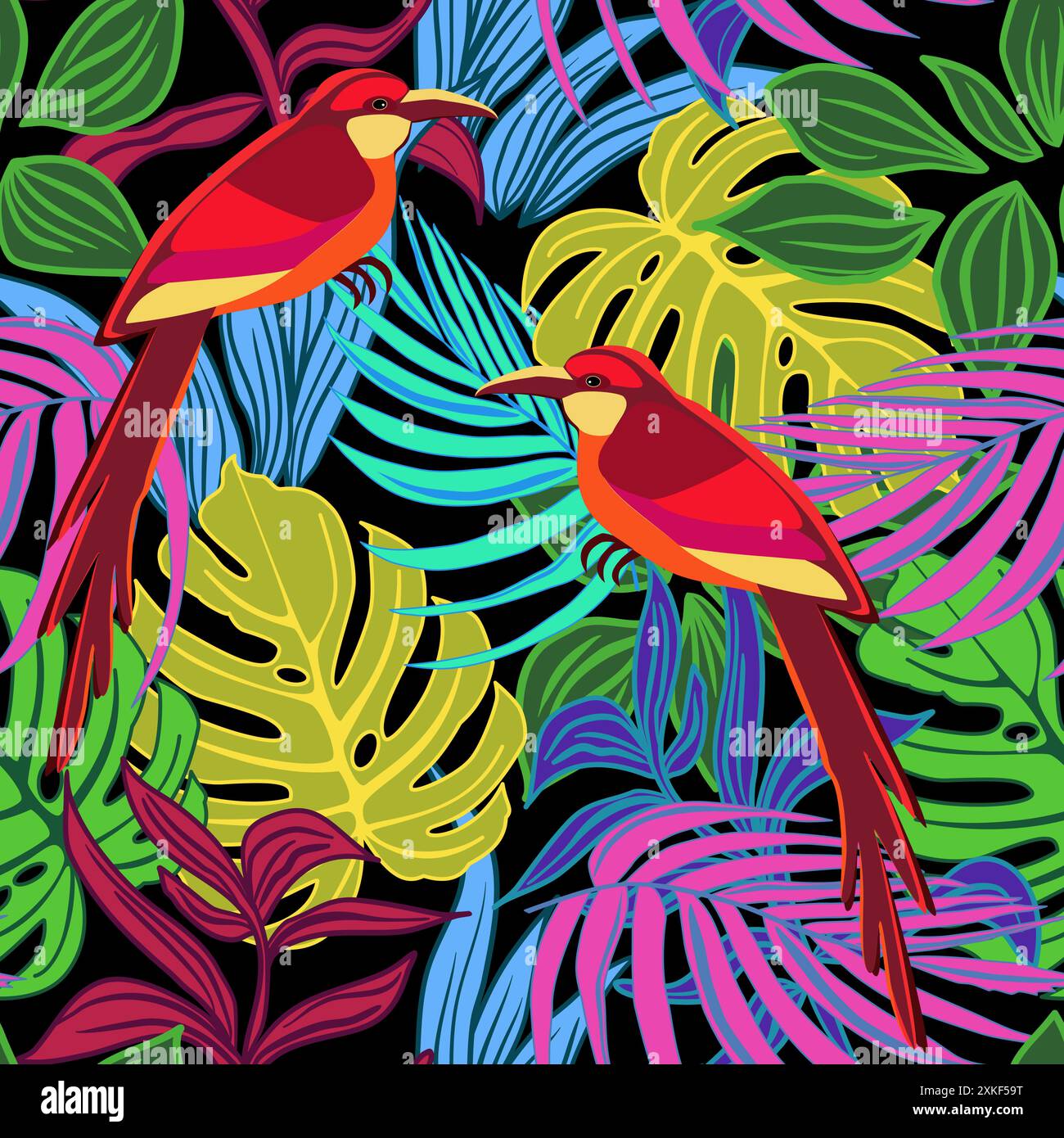 Seamless botanical pattern with rainforest plants and exotic birds ...