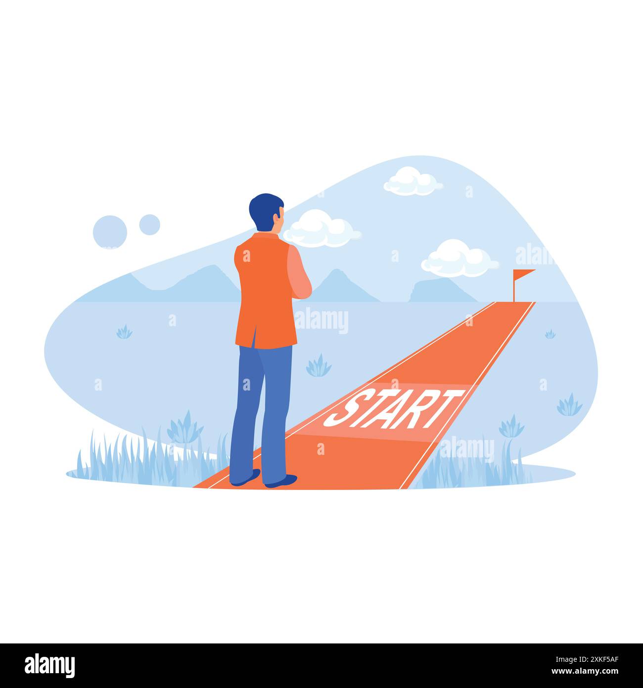 Businessman stands at the starting line and starts walking towards ...