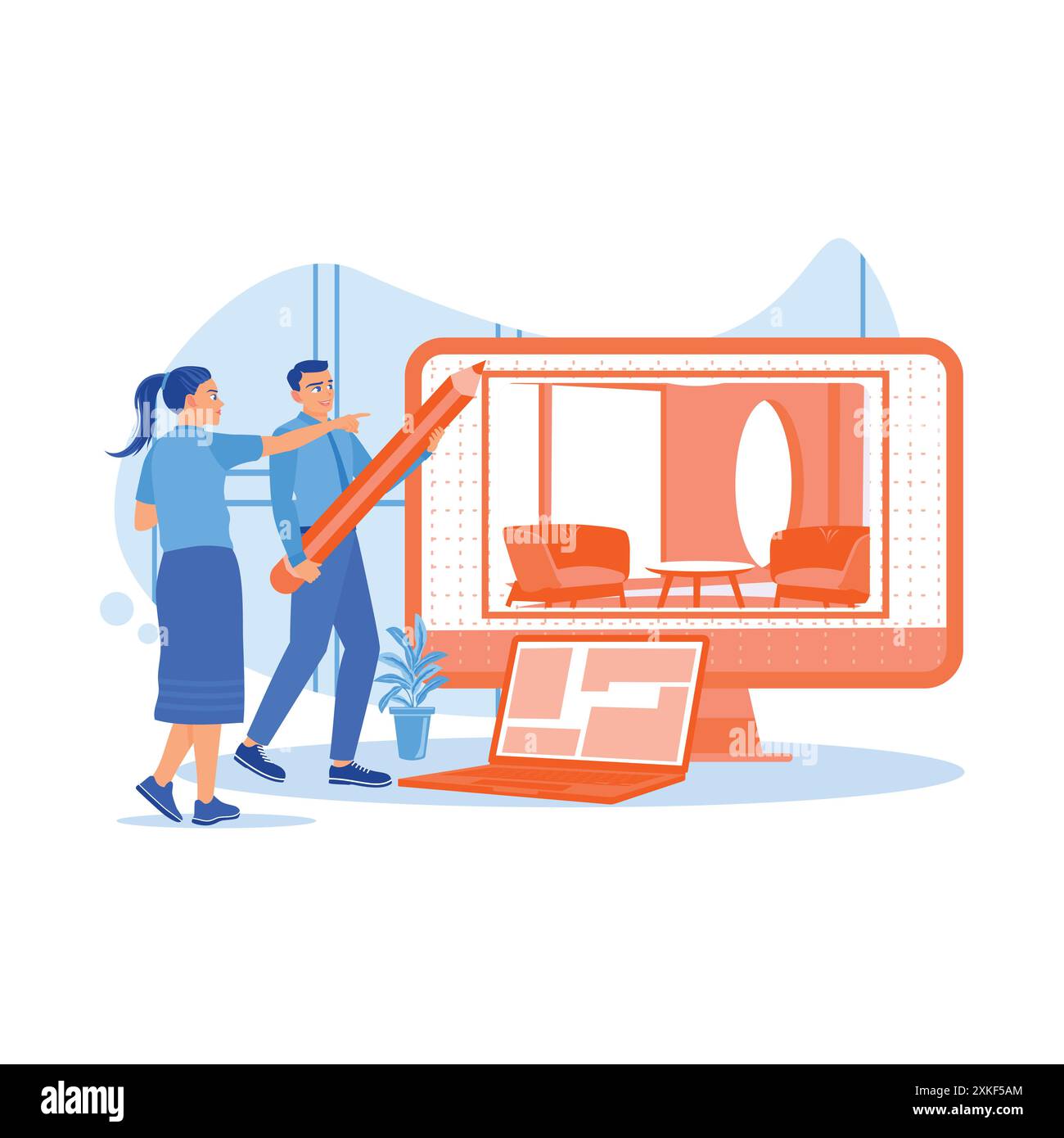 Two employees create office interior designs using laptop computers ...