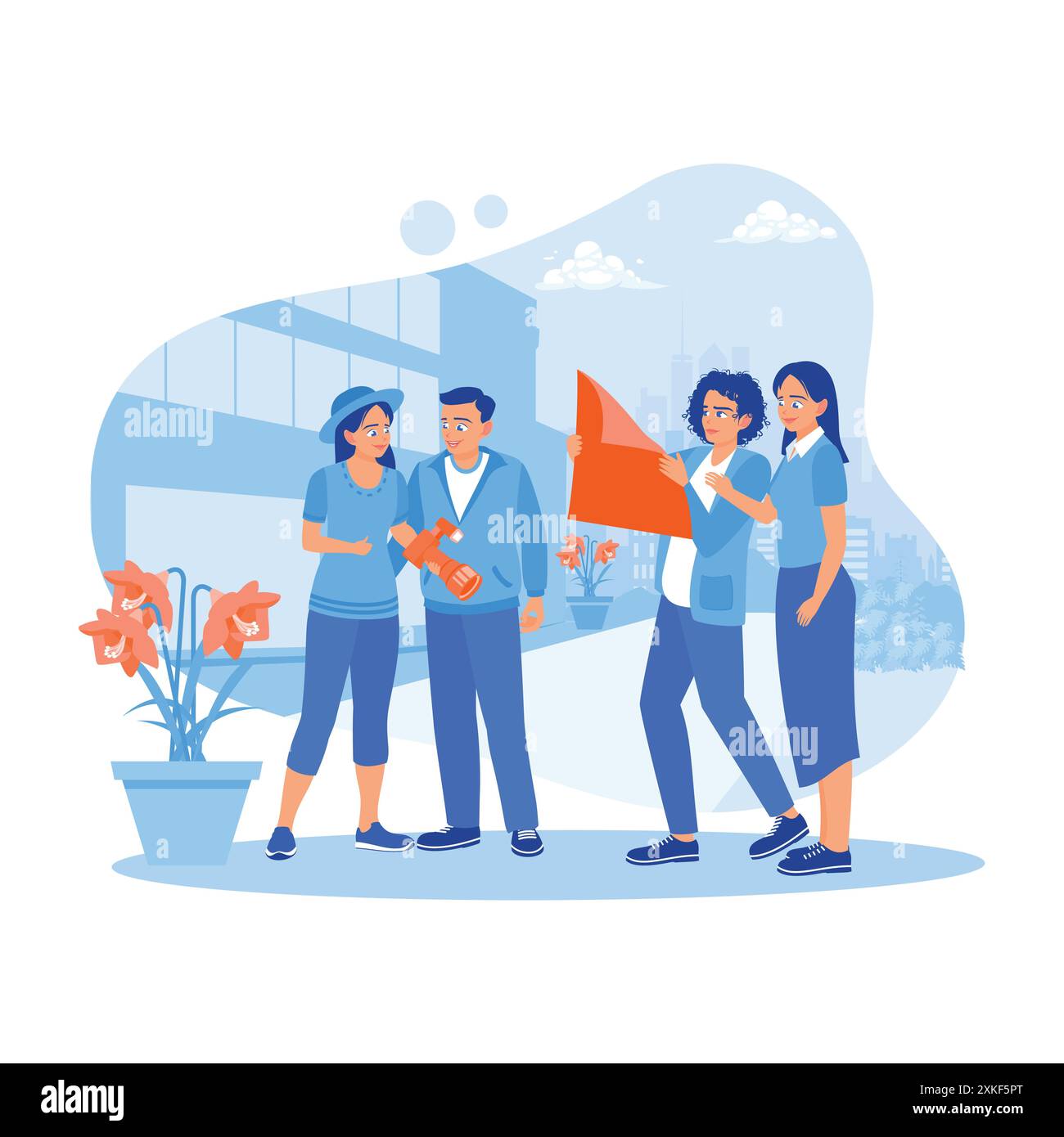 Group of happy young tourists. They use maps and cameras to explore the ...