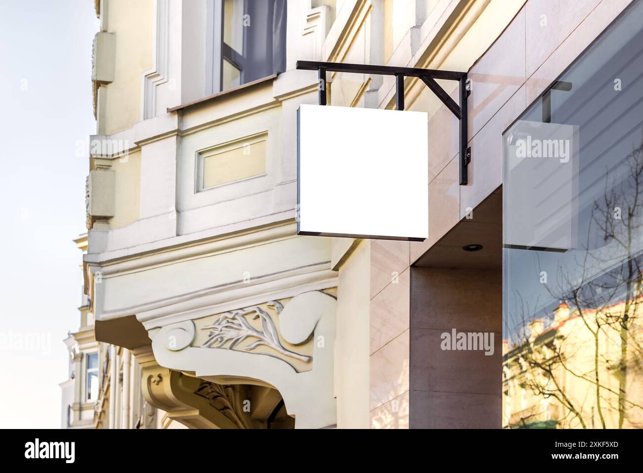 Mockup Of Restaurant White Signboard Hanging On The Wall. Store Or ...