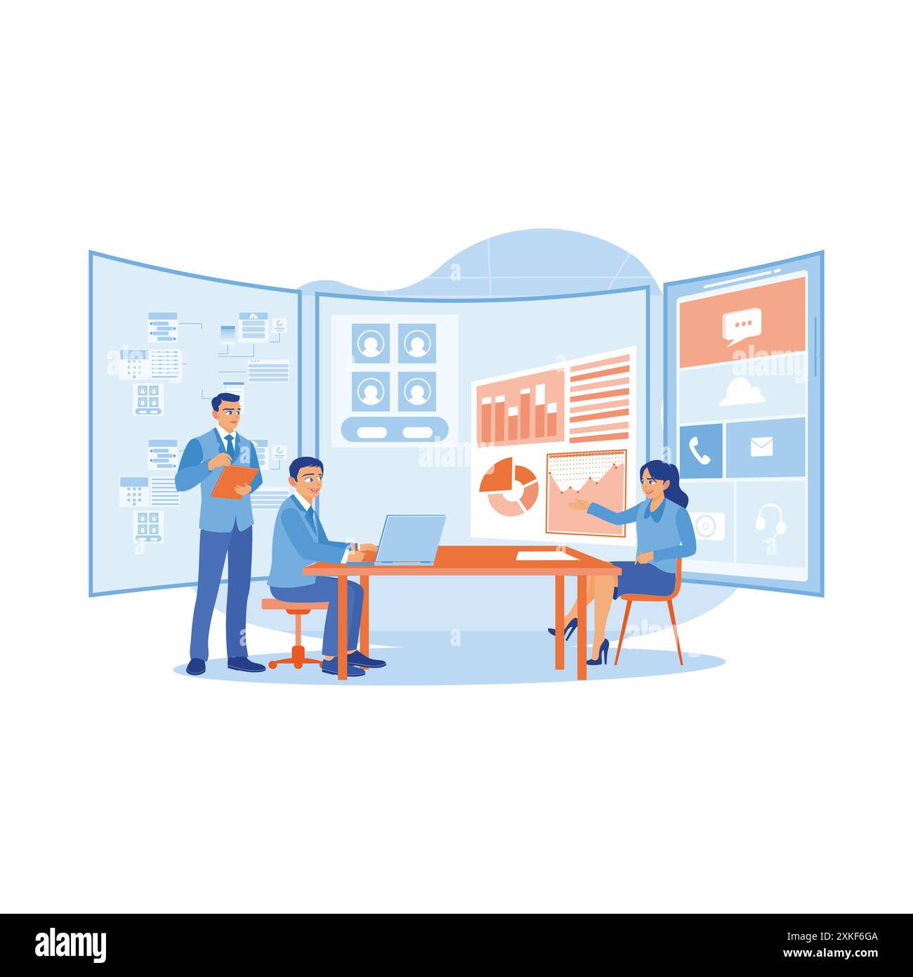 A competent team of workers in office space. Front-end developer team ...