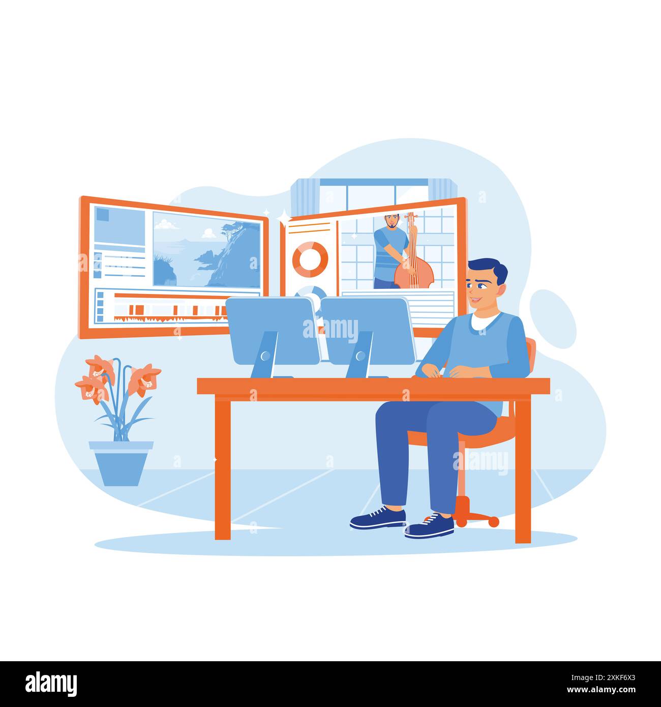 Male editor sitting in front of a multi-monitor computer while editing ...