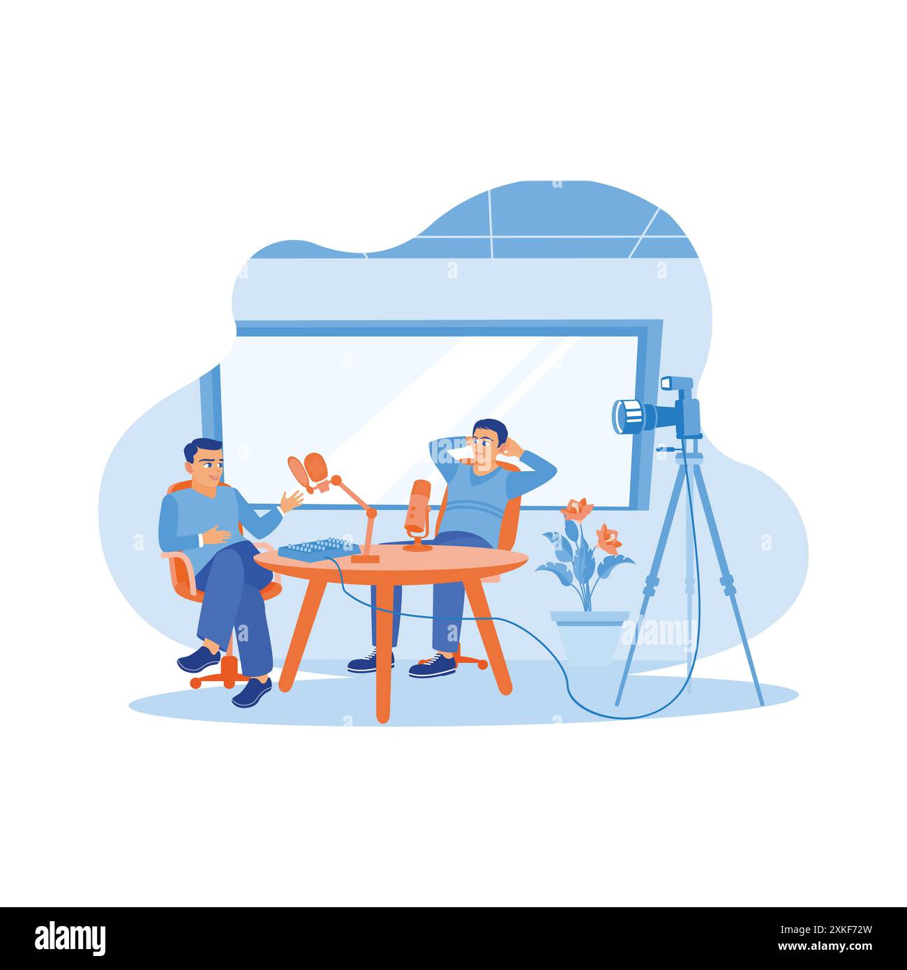 Two young male vloggers are creating a conversation podcast in the ...