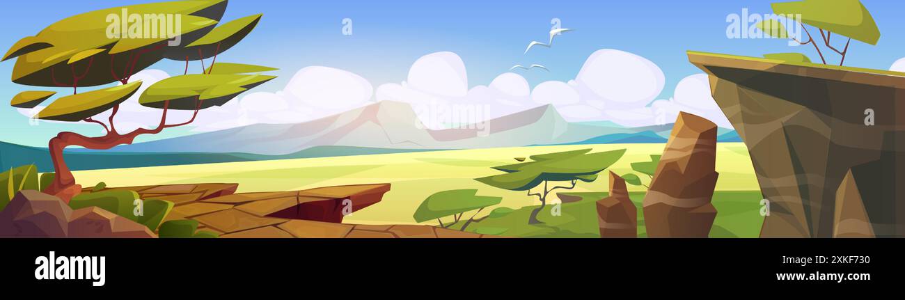 African savannah landscape with trees. Vector cartoon illustration of ...