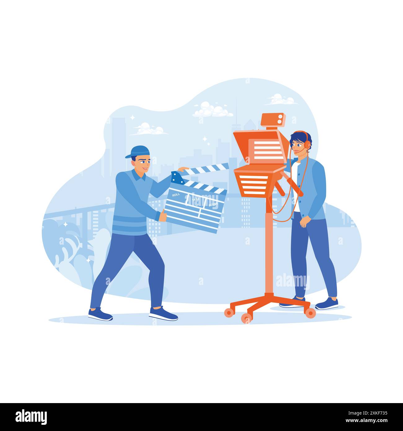 A man holding a film clapper and a cameraman is standing behind the ...