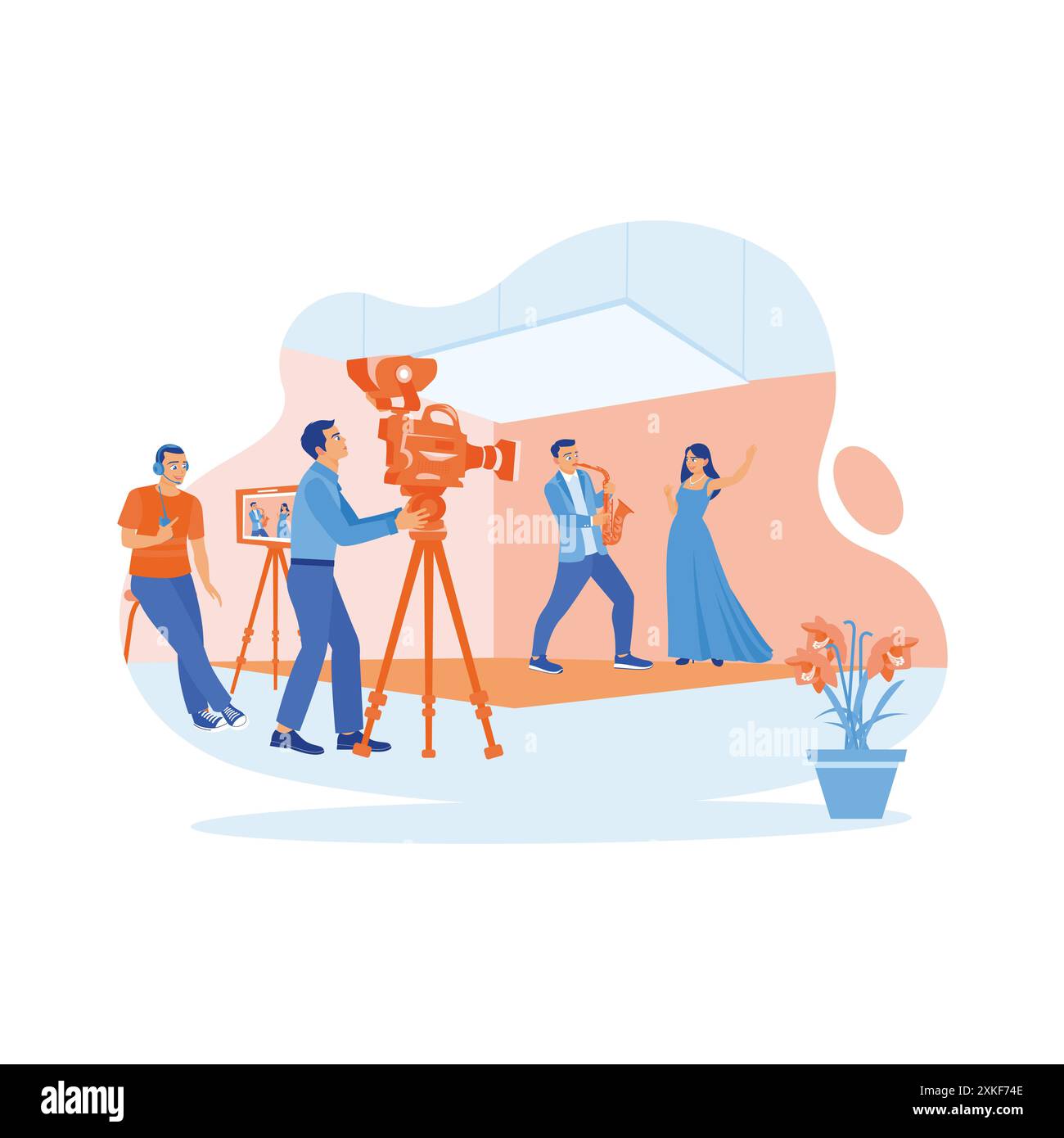 The film crew and director team shoot music in the studio. The male ...