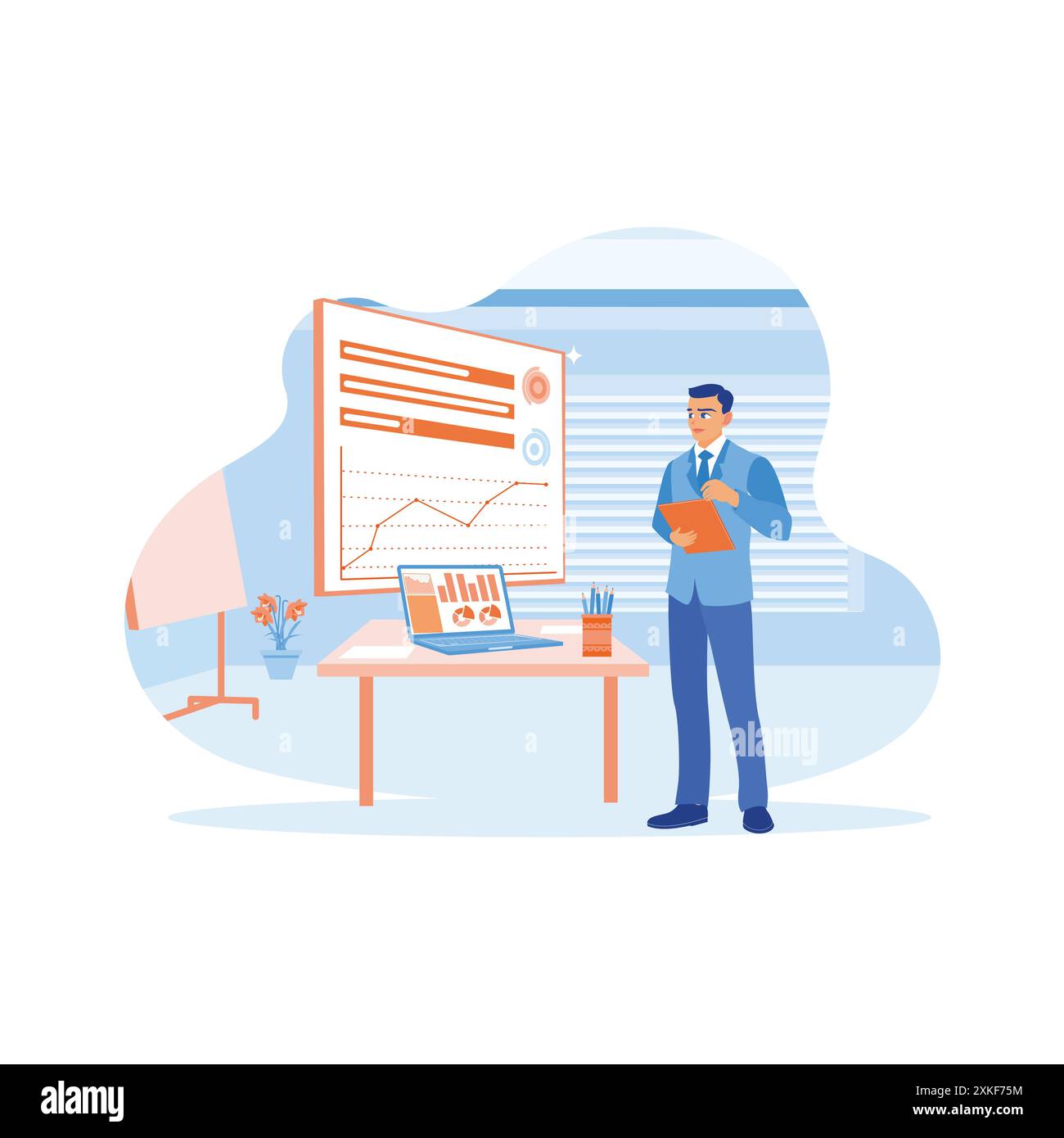 A smart boss in a blue suit stands before the projector screen. Control ...