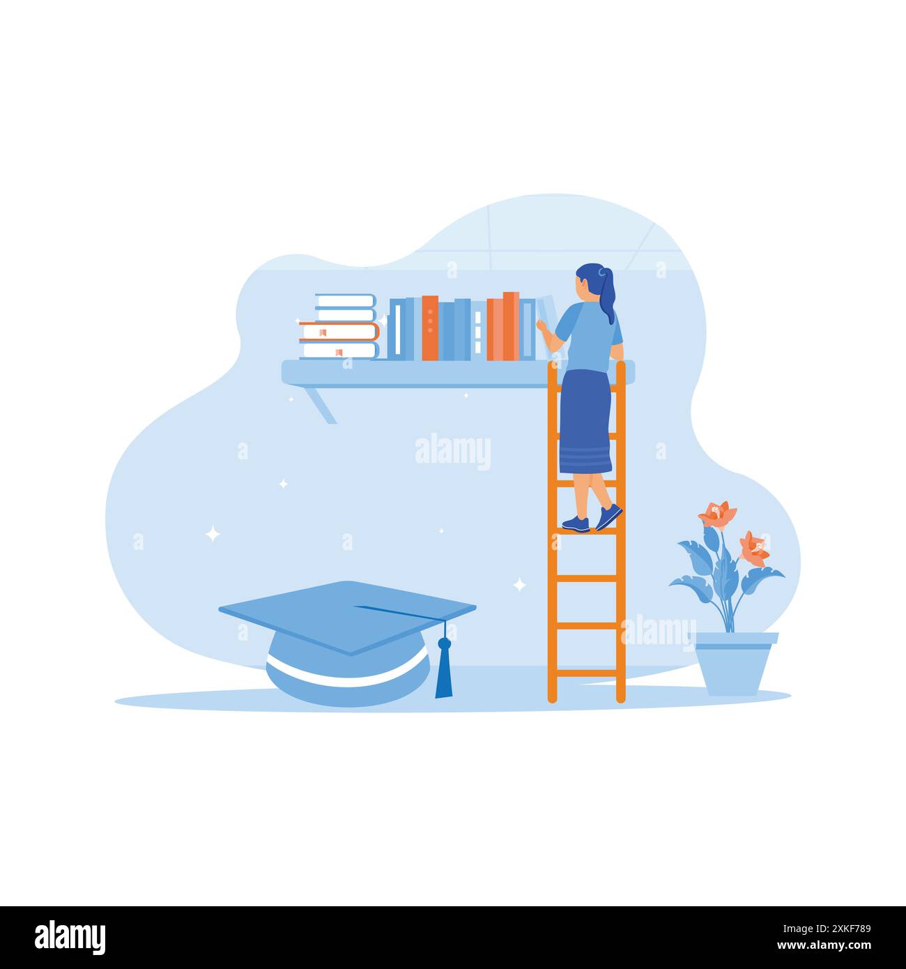 The teenage girl climbs onto a bookshelf to get a book inside the house ...