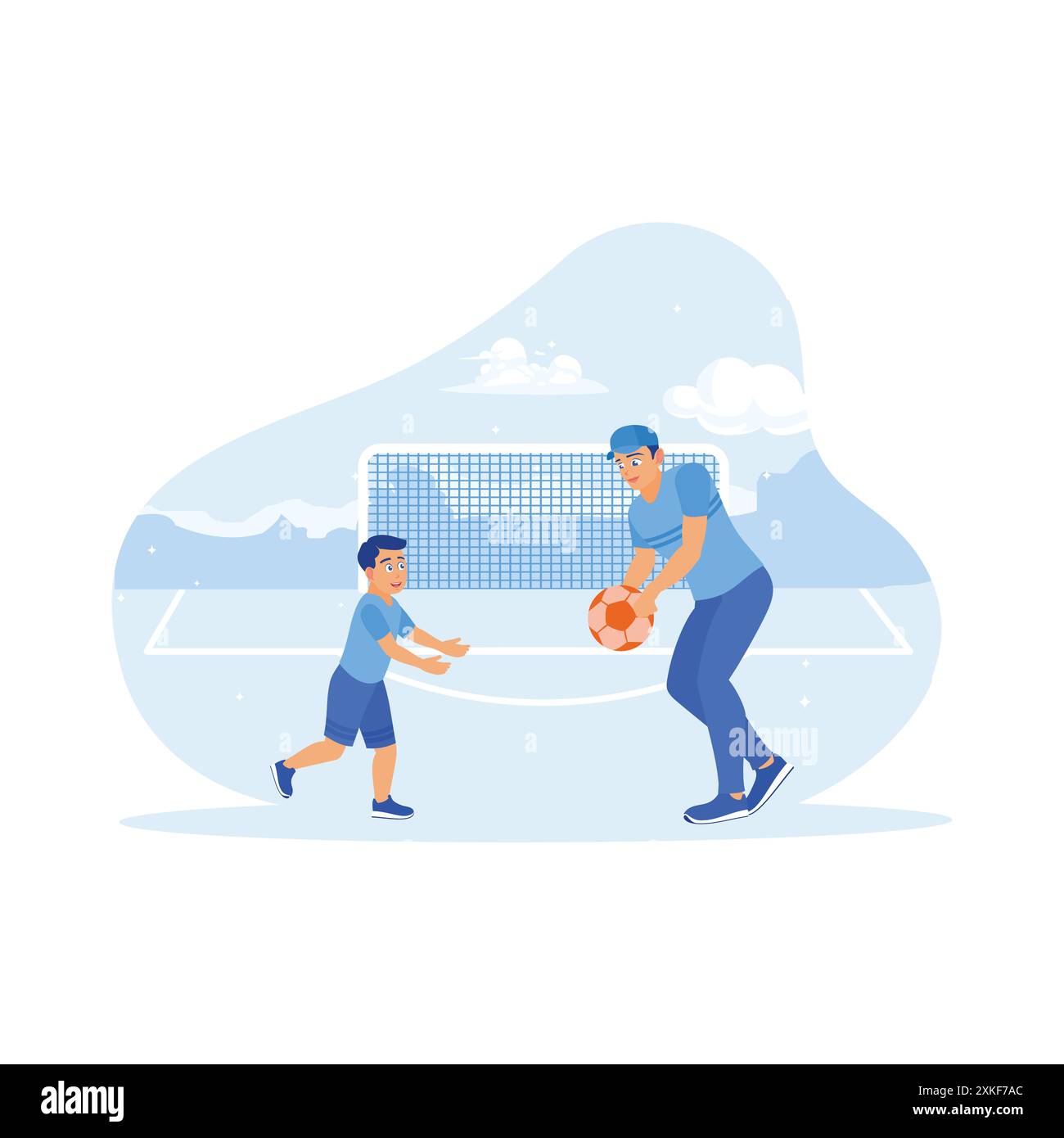 Young father and son playing football on the field. They look very ...