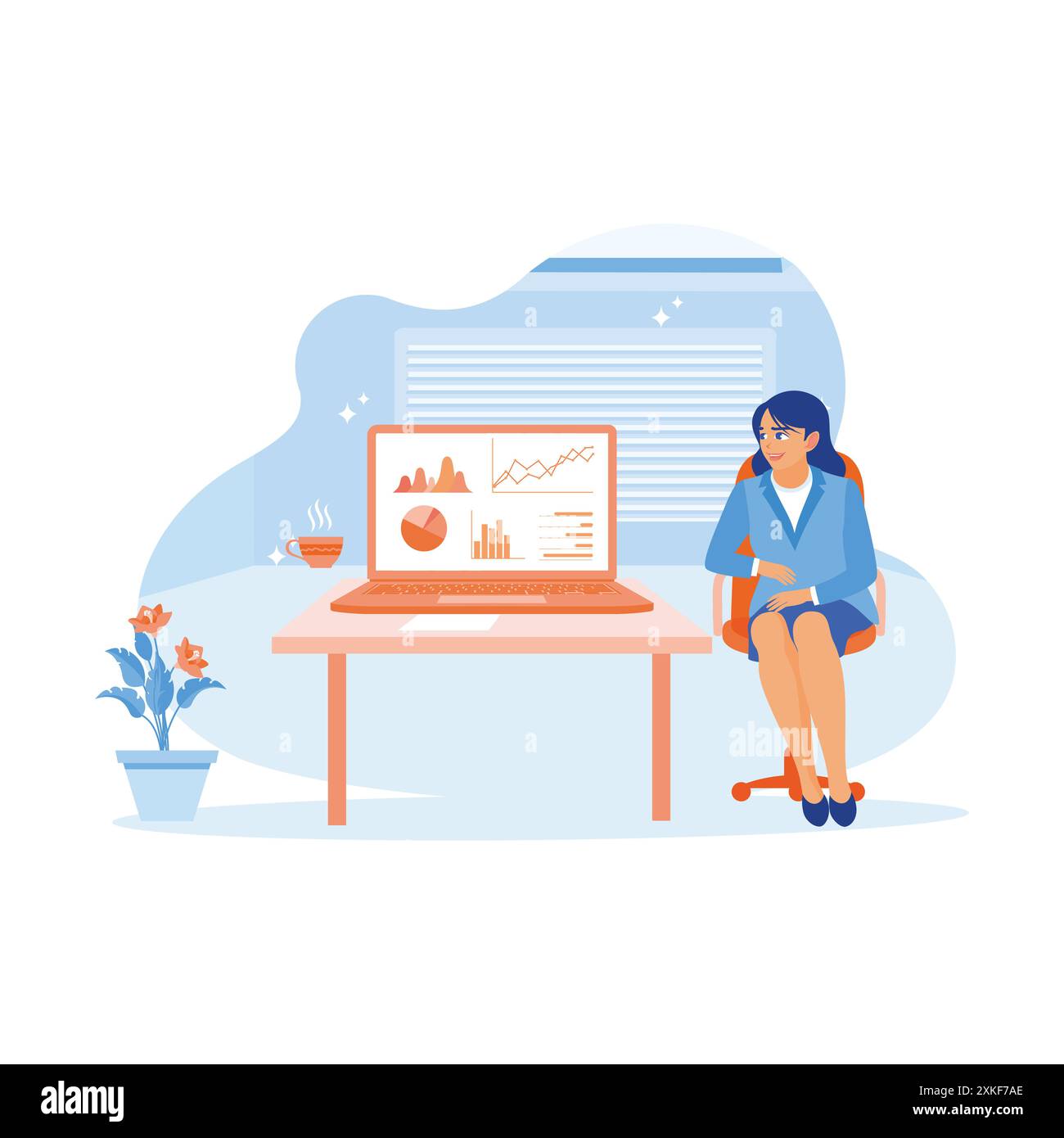 A female accountant is sitting in a chair next to a laptop. Analyze graphs and charts displayed ...