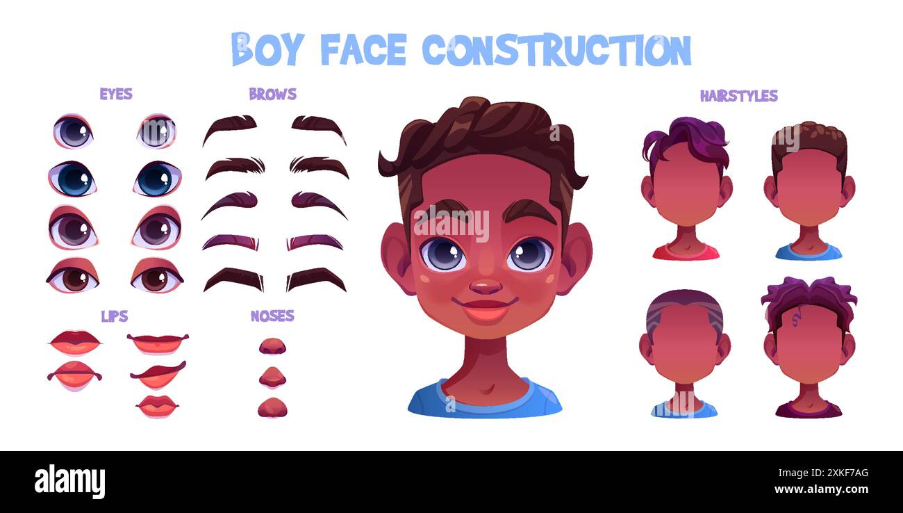 African boy face construction set isolated on white background. Vector ...