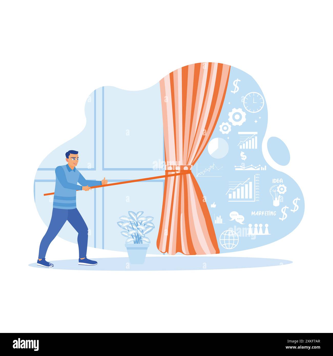 Businessman pulling curtain string on the office window. You can see a ...