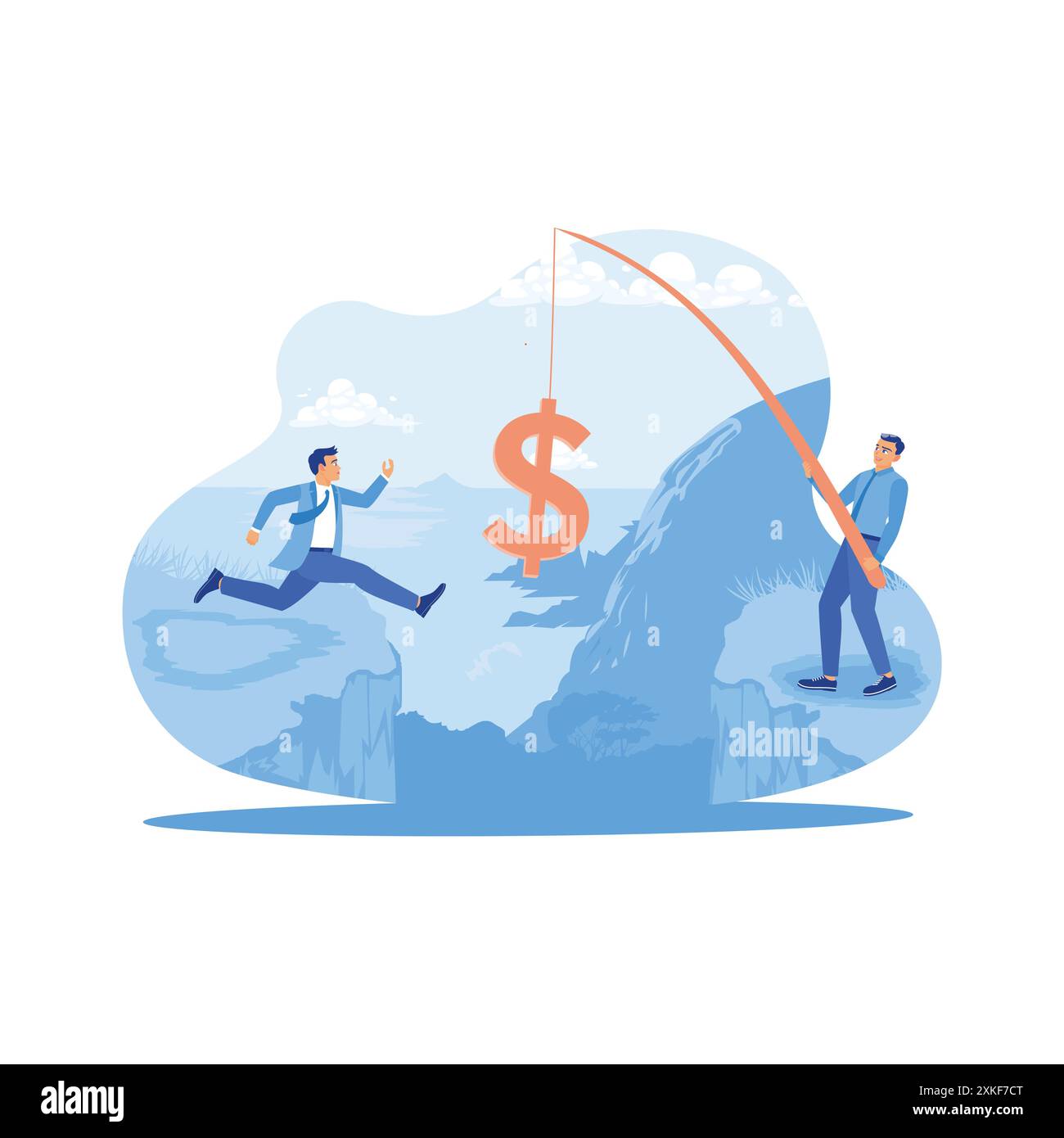 A businessman jumps from one cliff to another. Dollar sign lures that ...