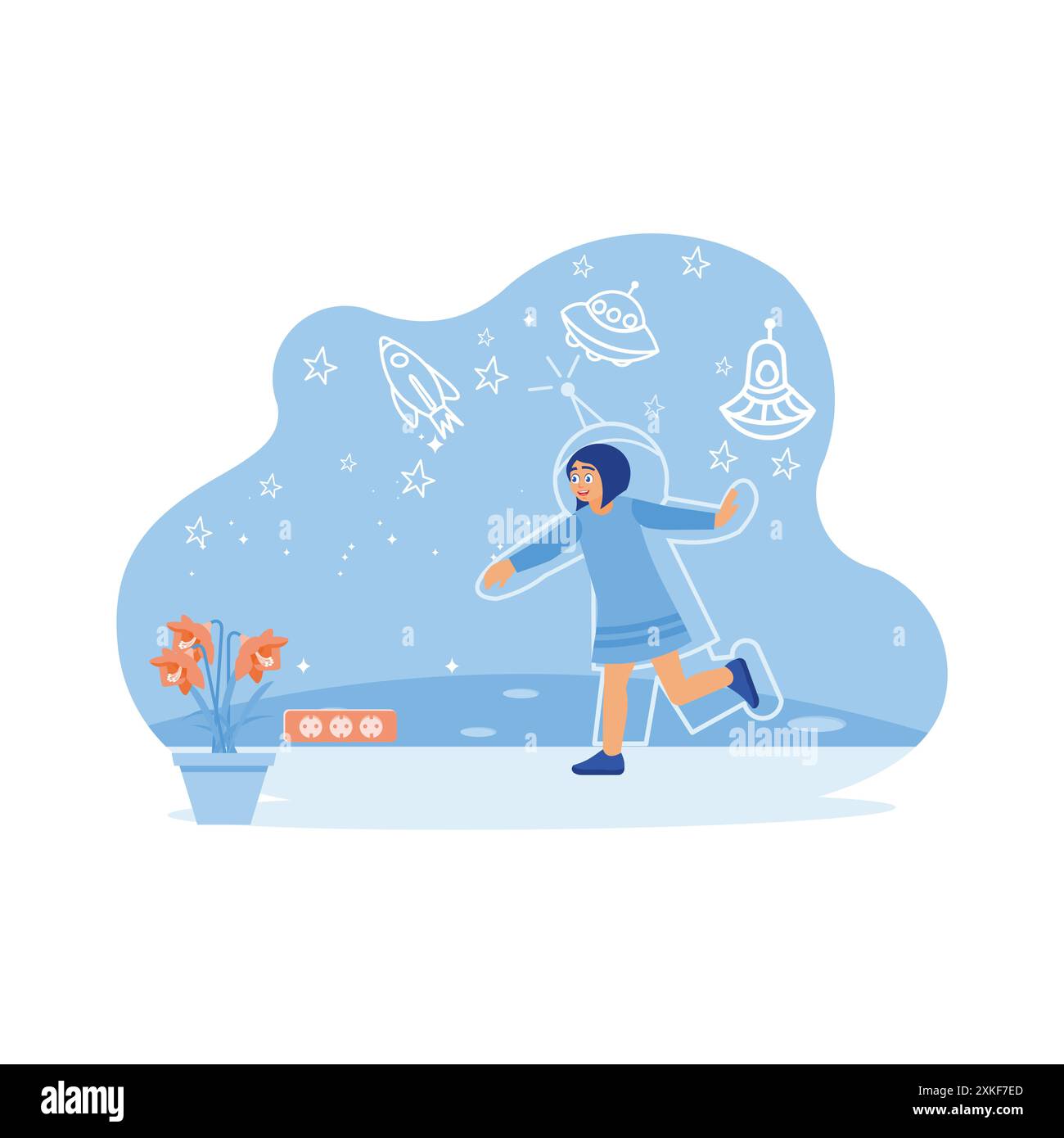 Kids imagination. Cheerful girl child standing and drawing herself on ...