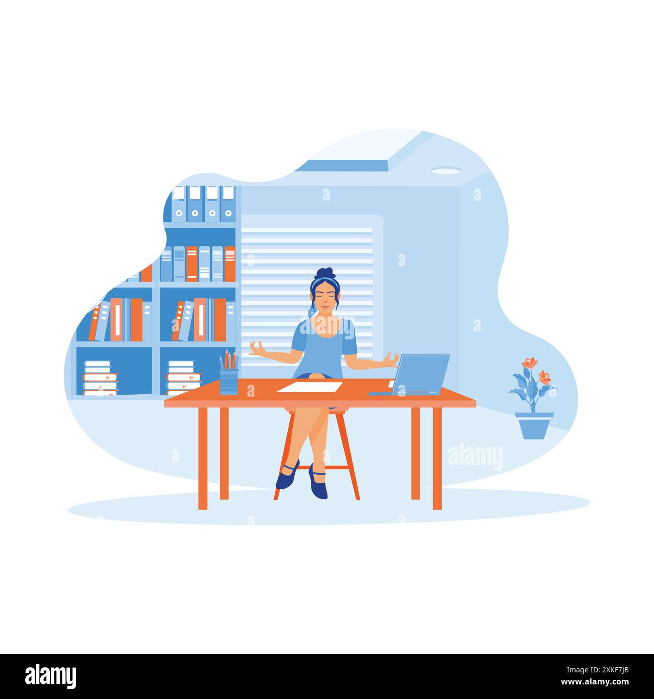 Career woman sitting relaxed, meditating in front of a laptop. Take a ...