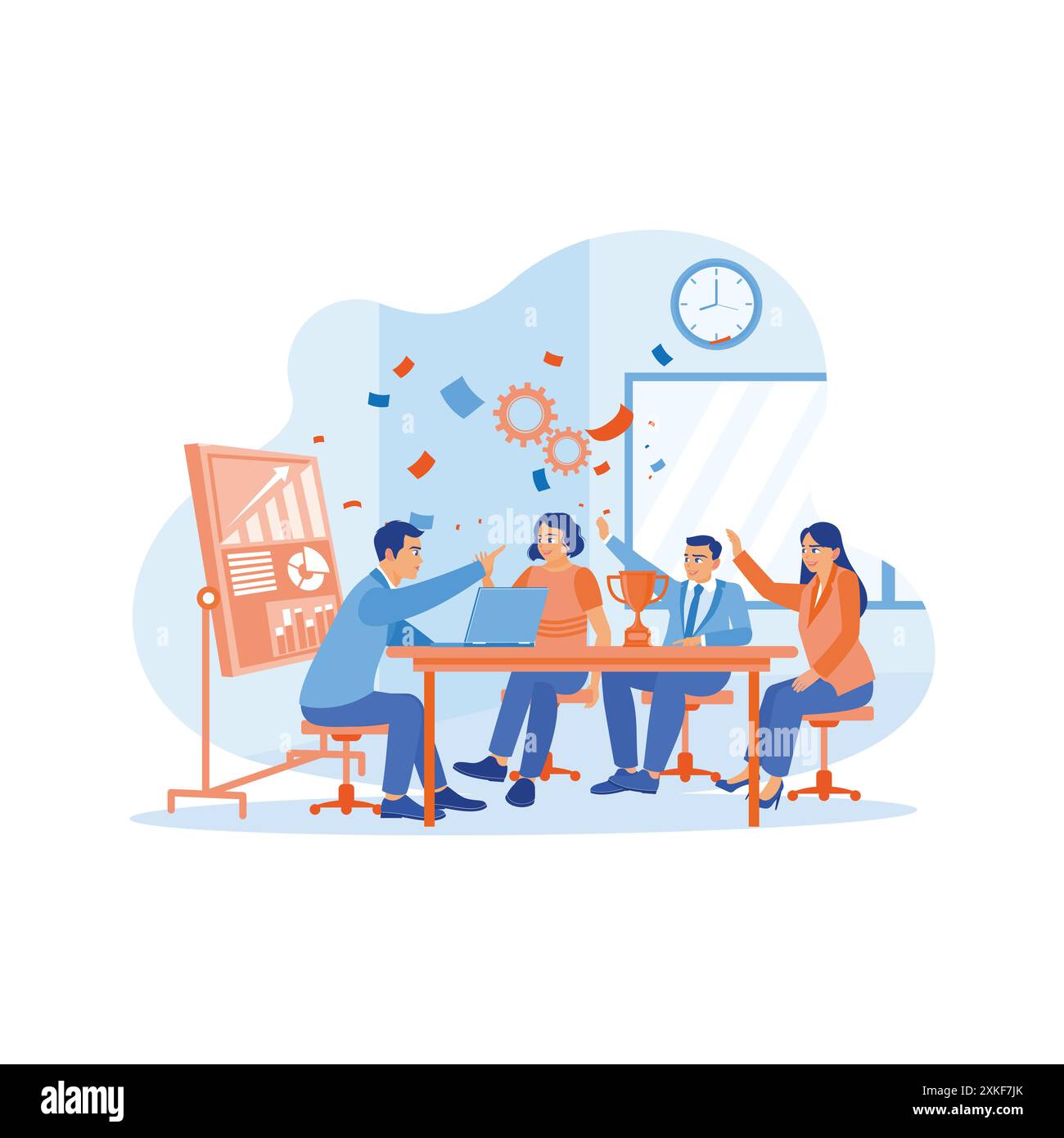 The manager and work team sit together in the meeting room. Celebrating ...