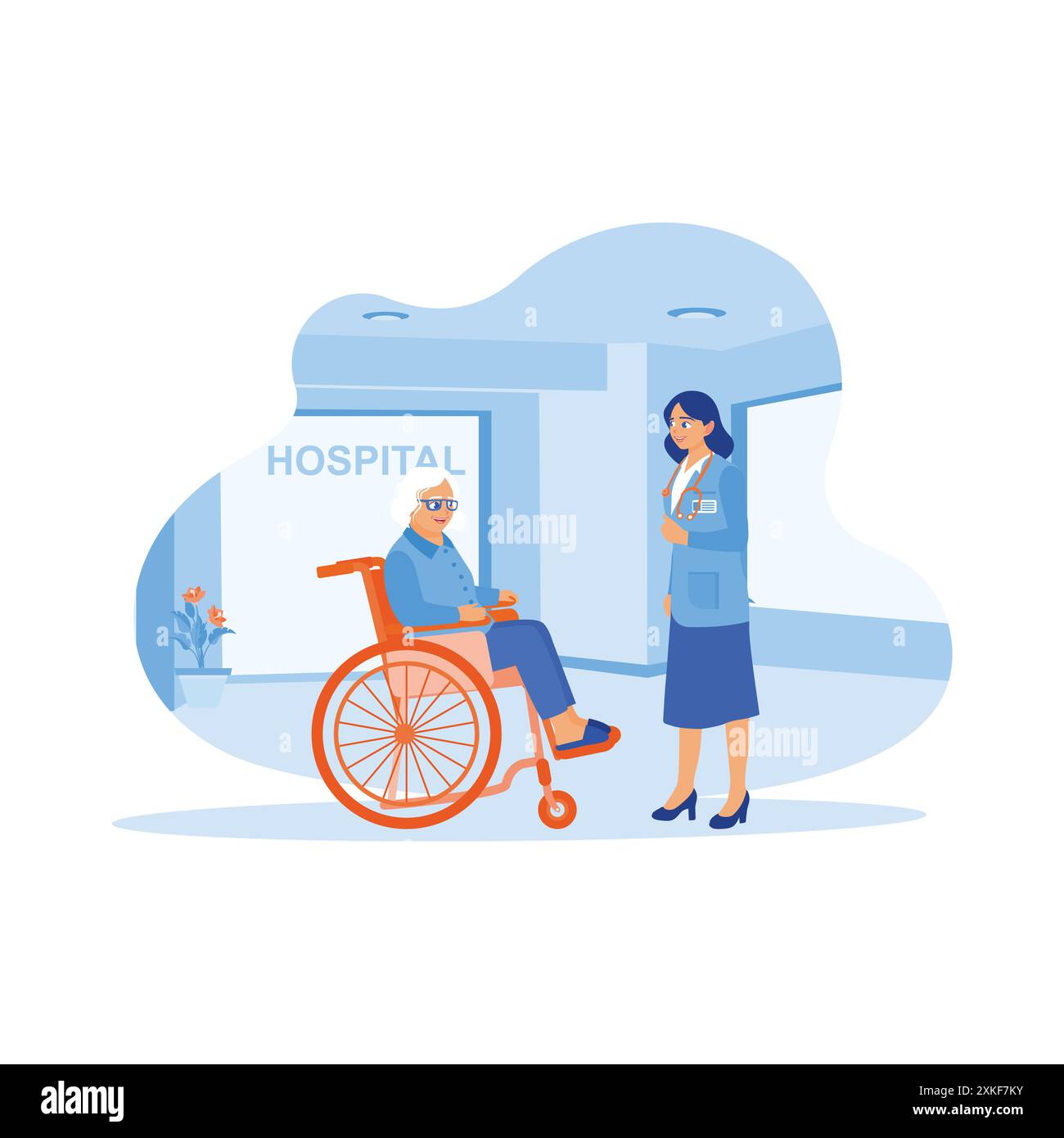 Adult female patient sitting in a wheelchair. A young doctor helps ...