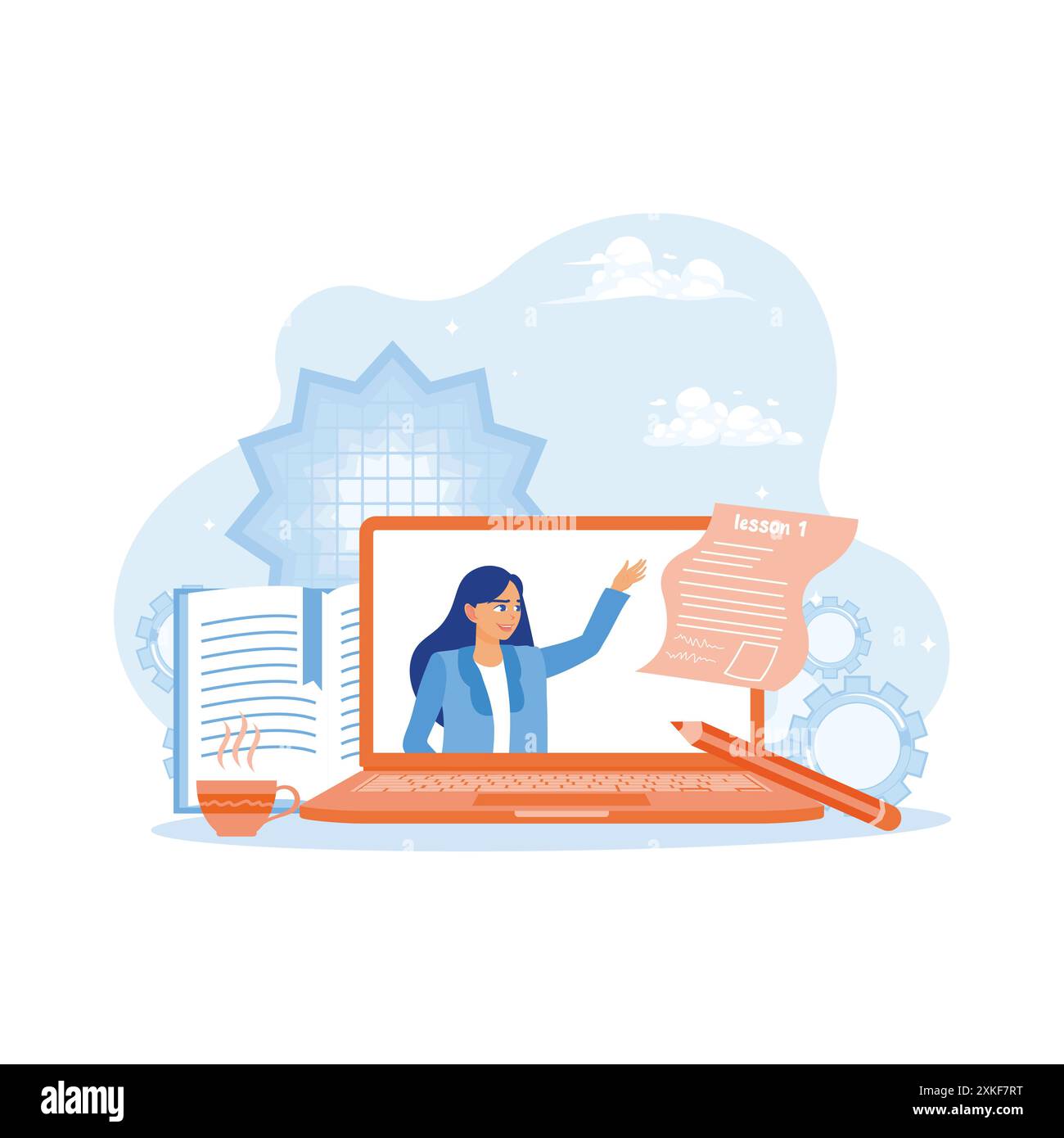 A teacher gives assignments to students via a laptop screen. Distance ...