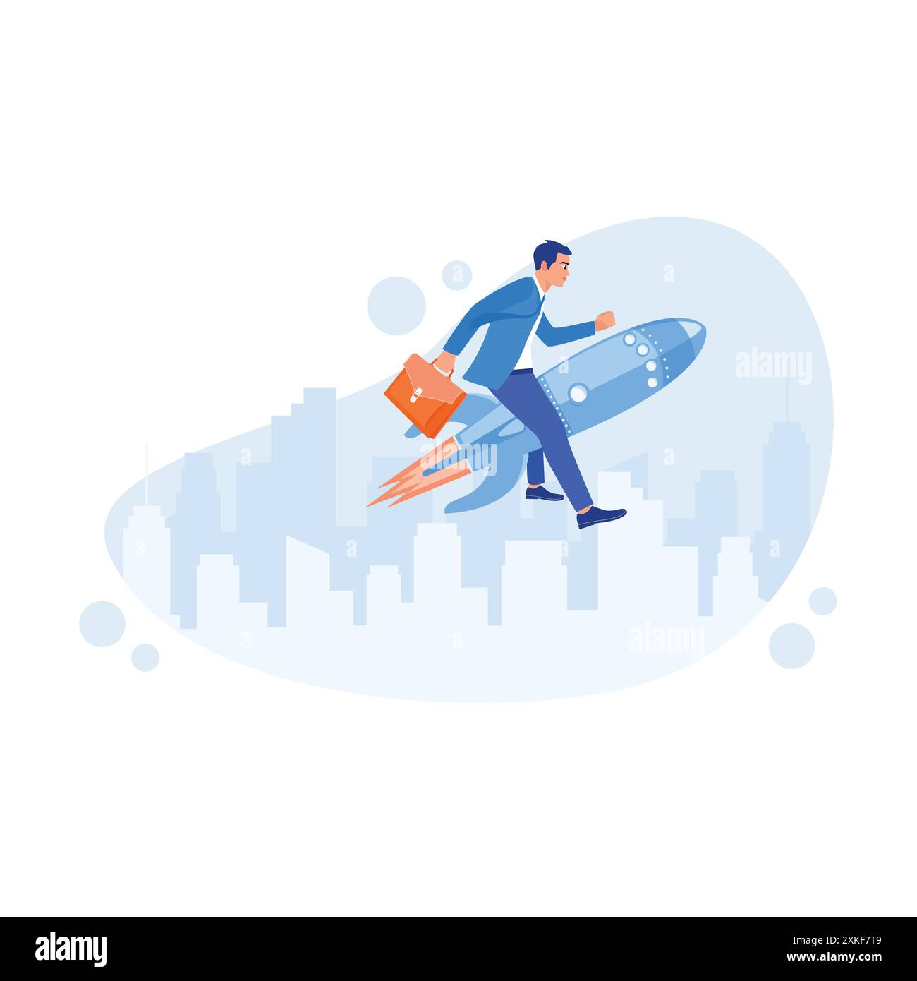 Businessman carrying briefcase flying using jet rocket on blue sky ...