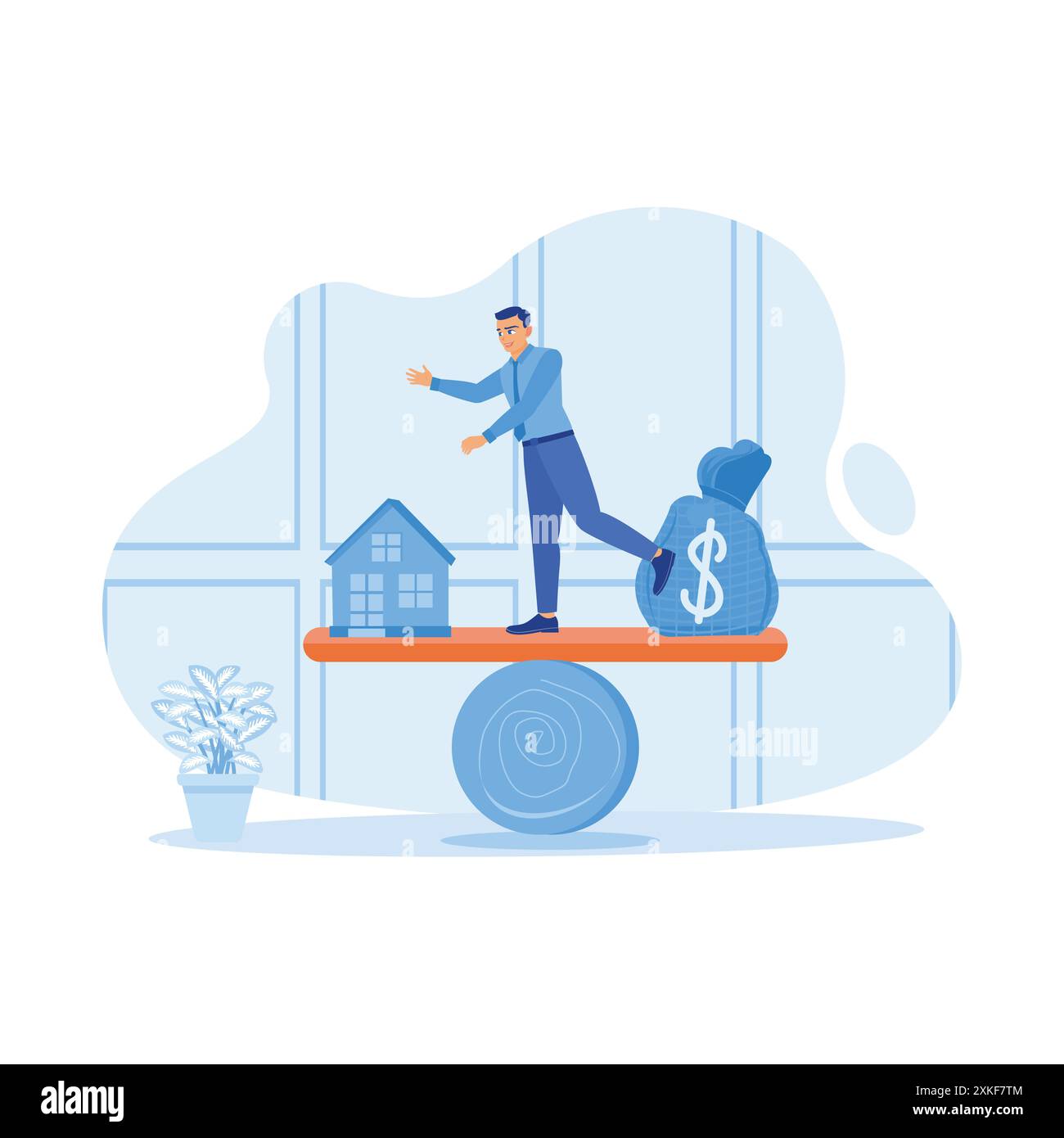 Businessman standing on seesaw inside the house. Maintain a balance ...