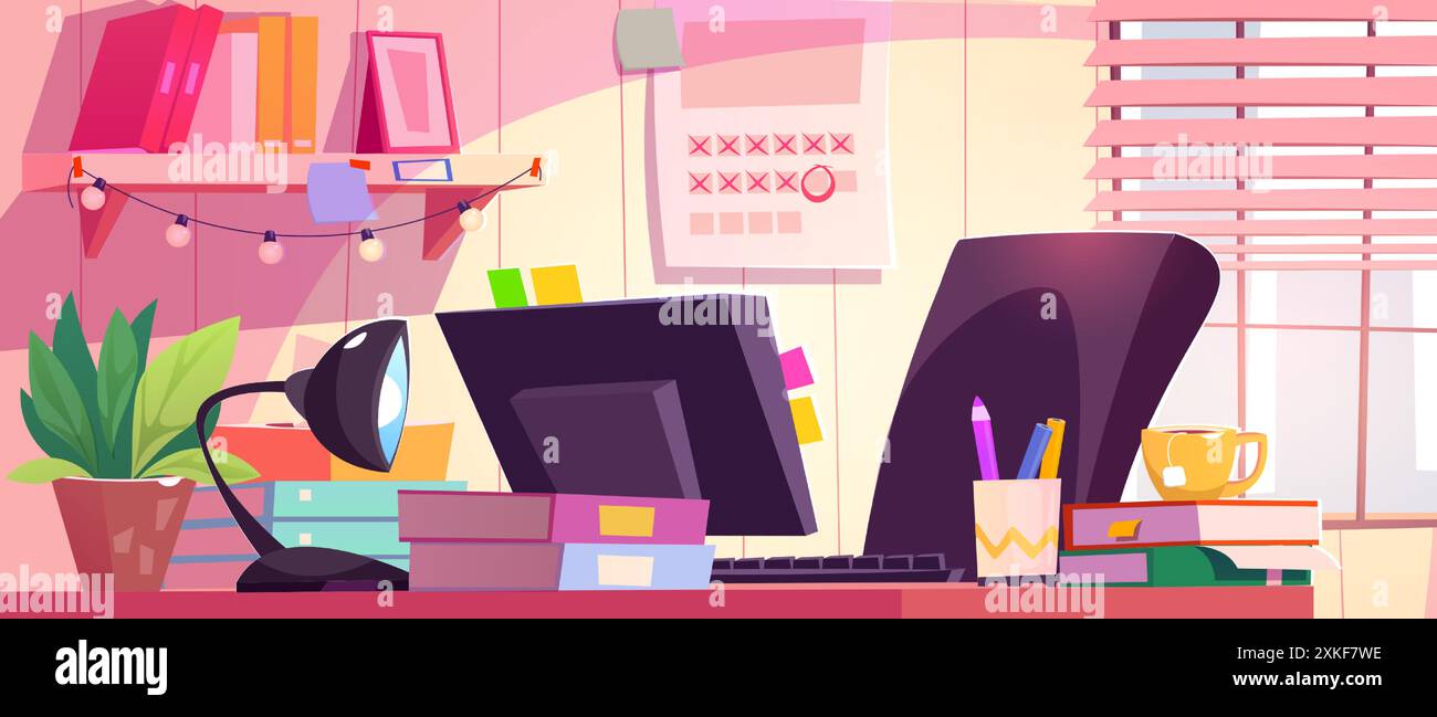 Office workplace with desktop computer. Vector cartoon illustration of ...