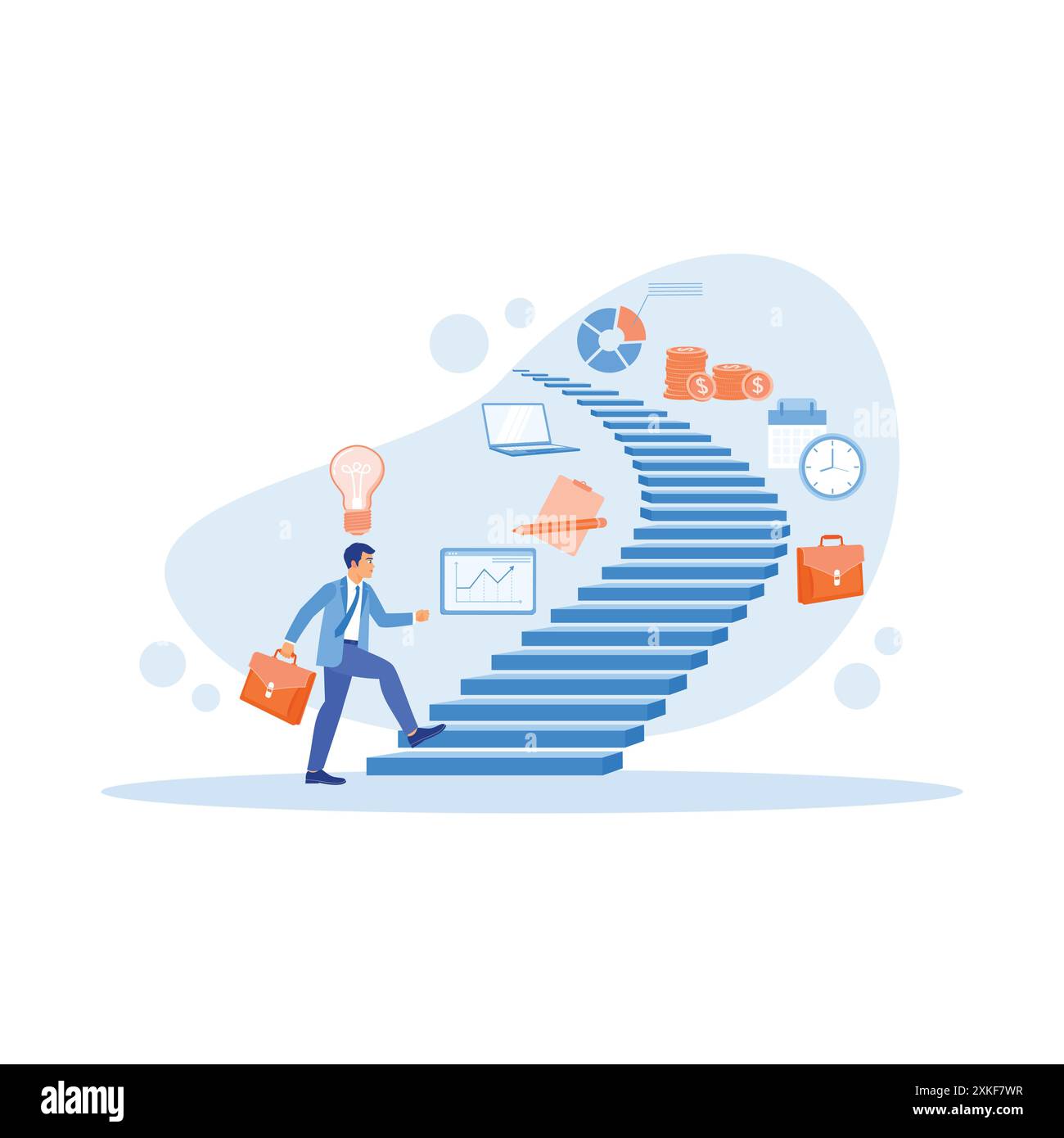Businessman walking up the stairs with a new business idea to success ...