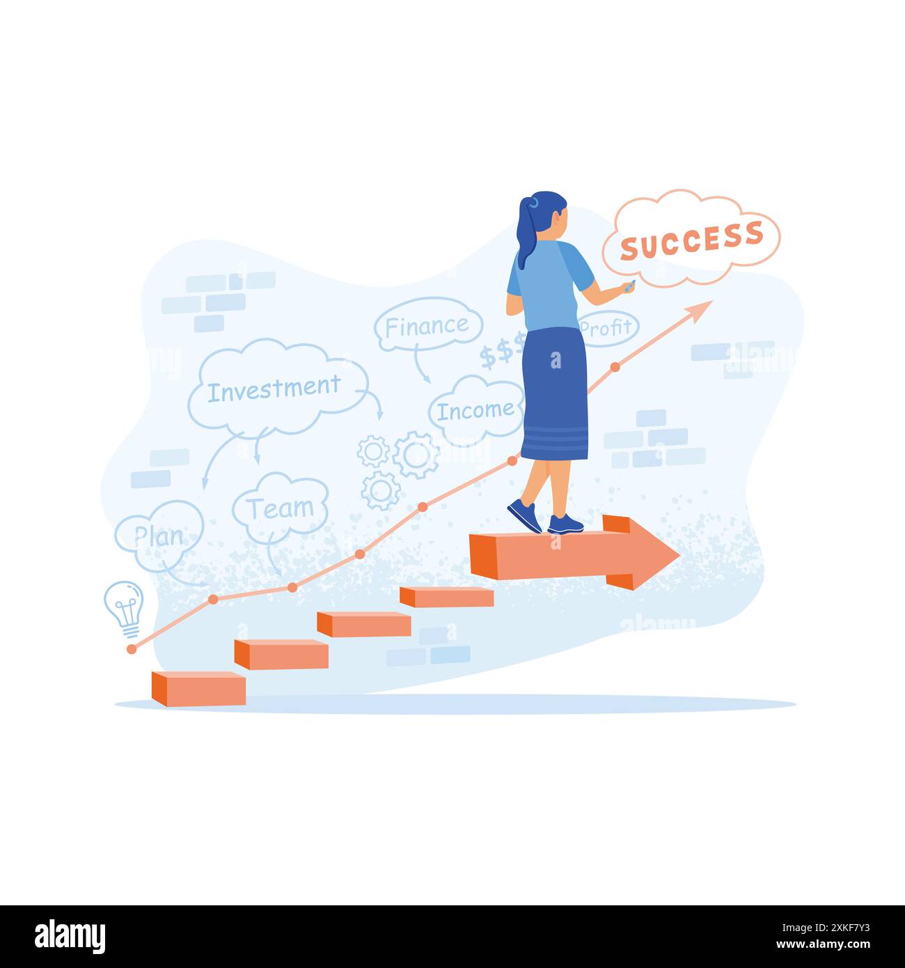 Young woman walking on stairs. Draw a strategy plan for success on the ...