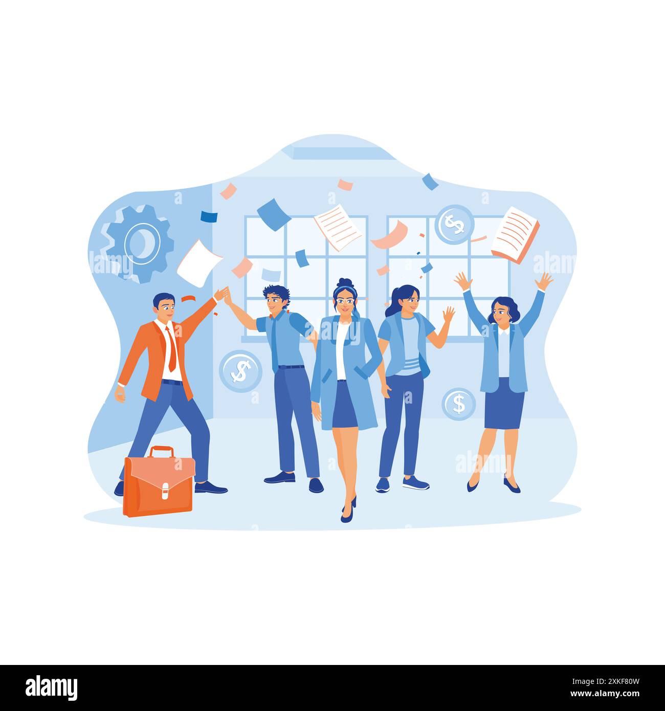 Happy and diverse business people working in modern office. Celebrate ...