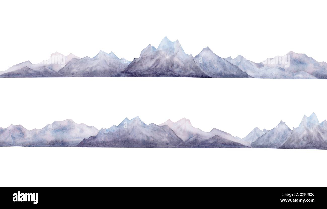 Monochrome mountains landscape silhouettes watercolor illustration set ...
