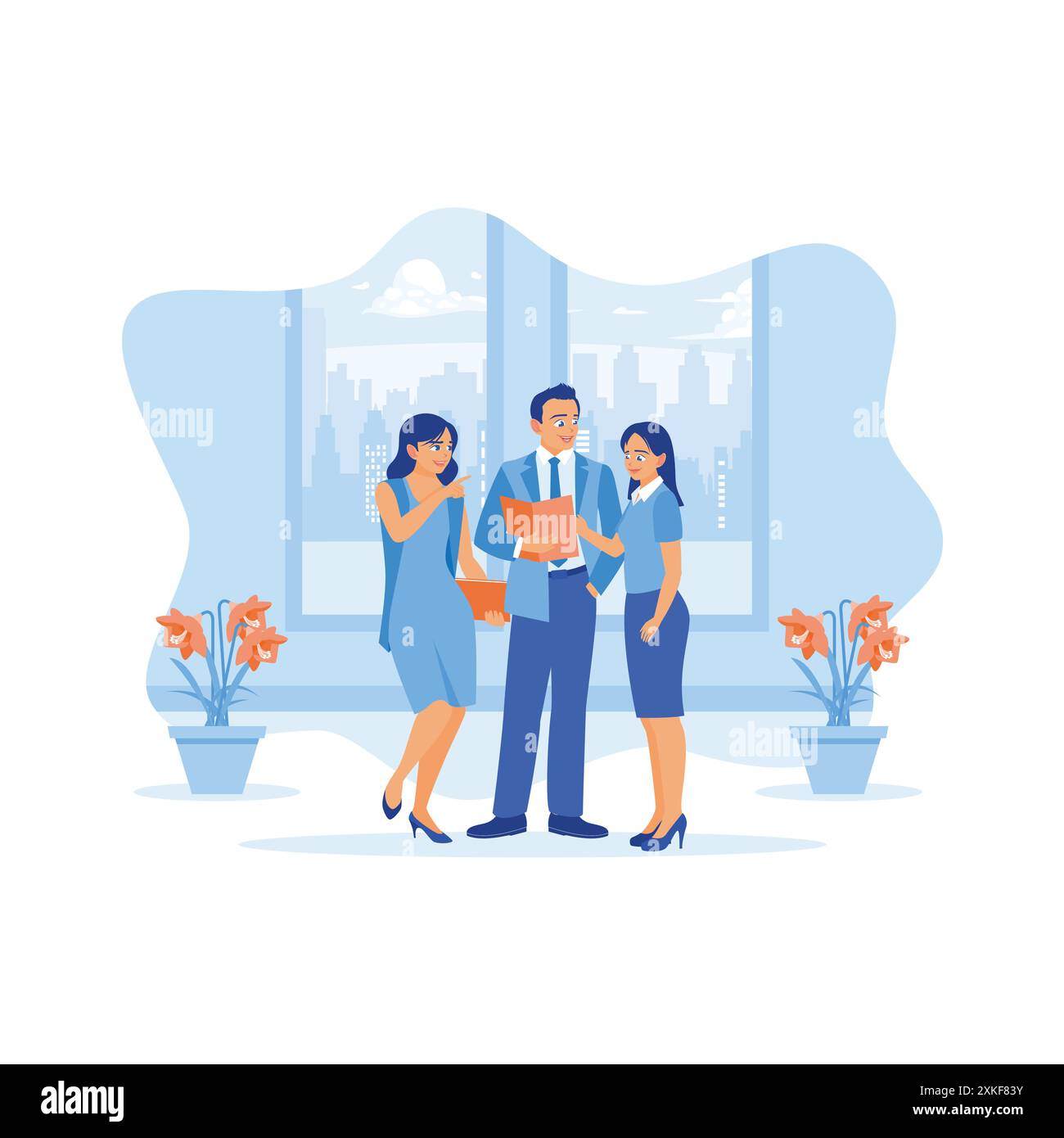 Group of young businesspeople standing in an office room. They talk to ...