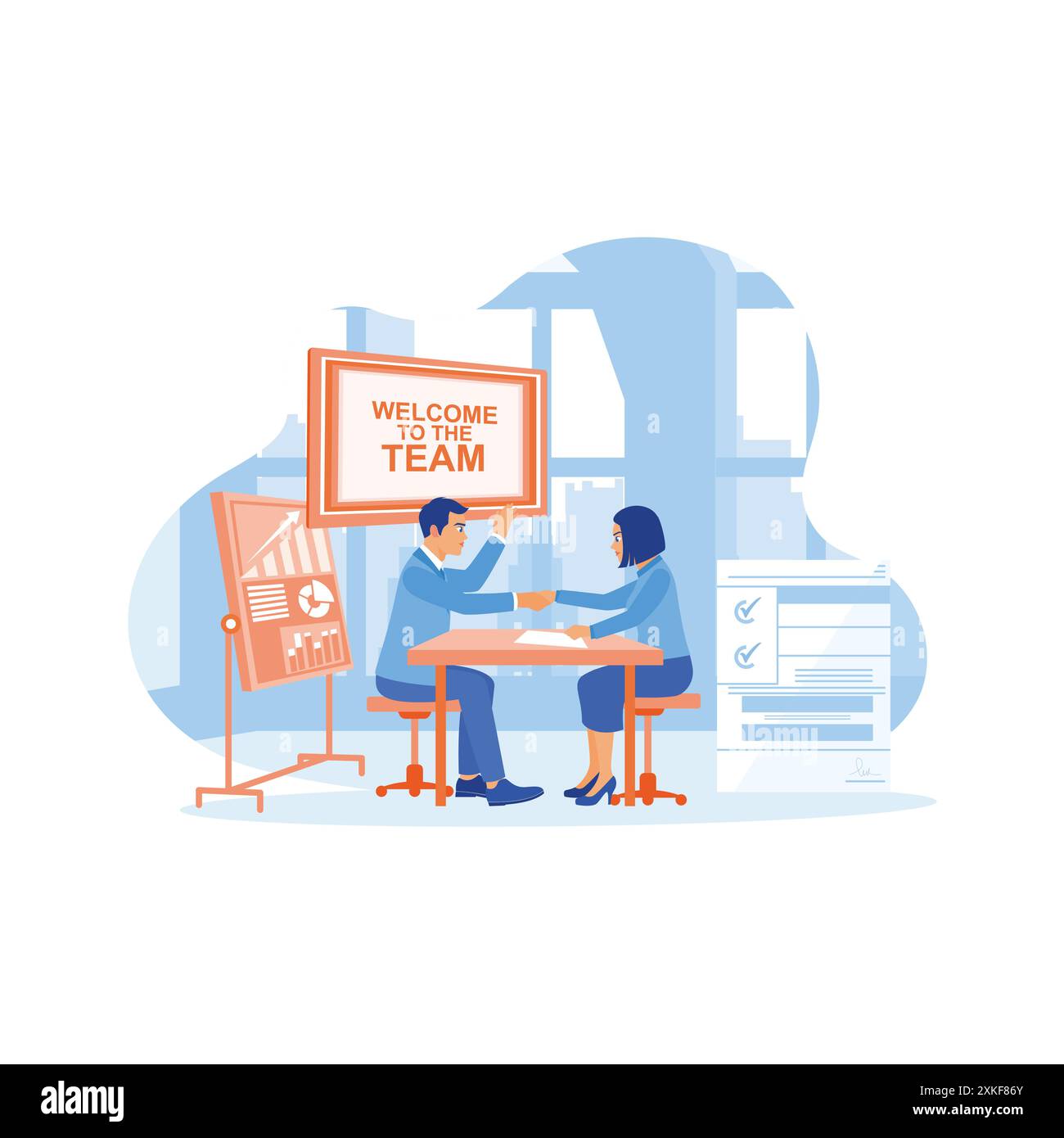 Welcome to our team. Friendly male boss shaking hands with new staff in ...