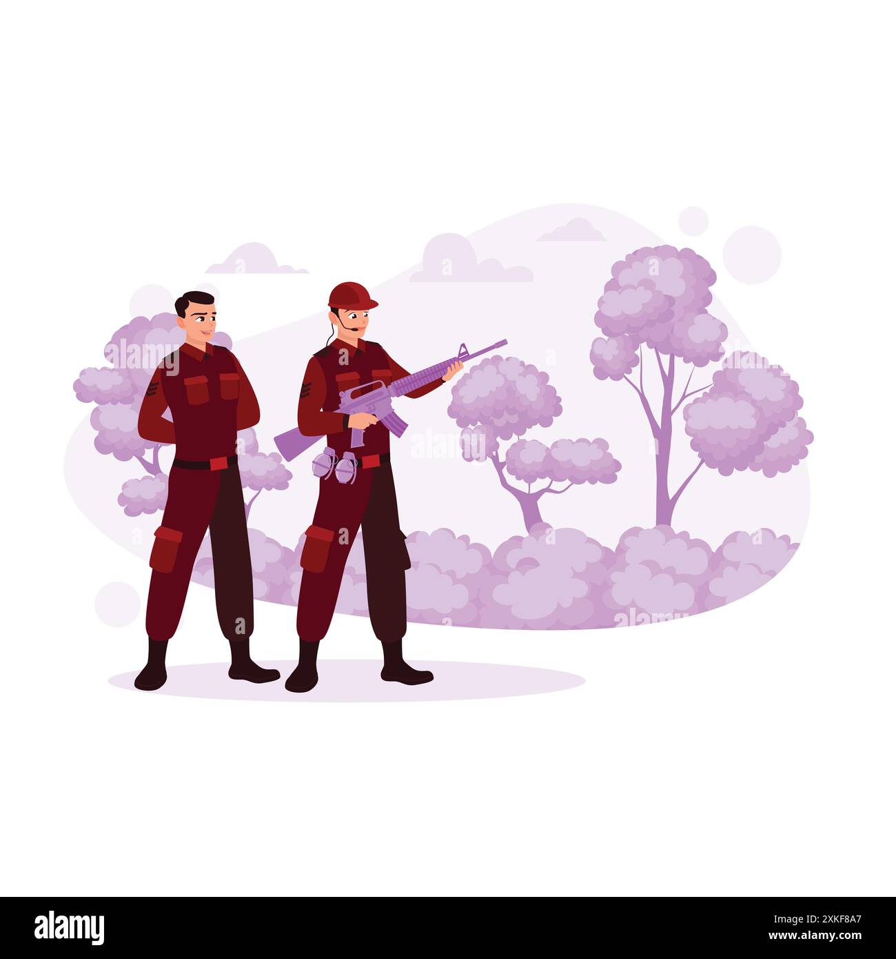 A soldier is carrying a gun, and another soldier is standing behind him ...