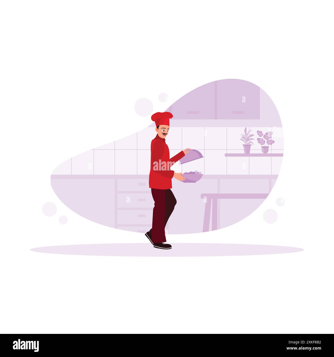 A male chef wearing a cloche cover cooks in the kitchen. Serving ...