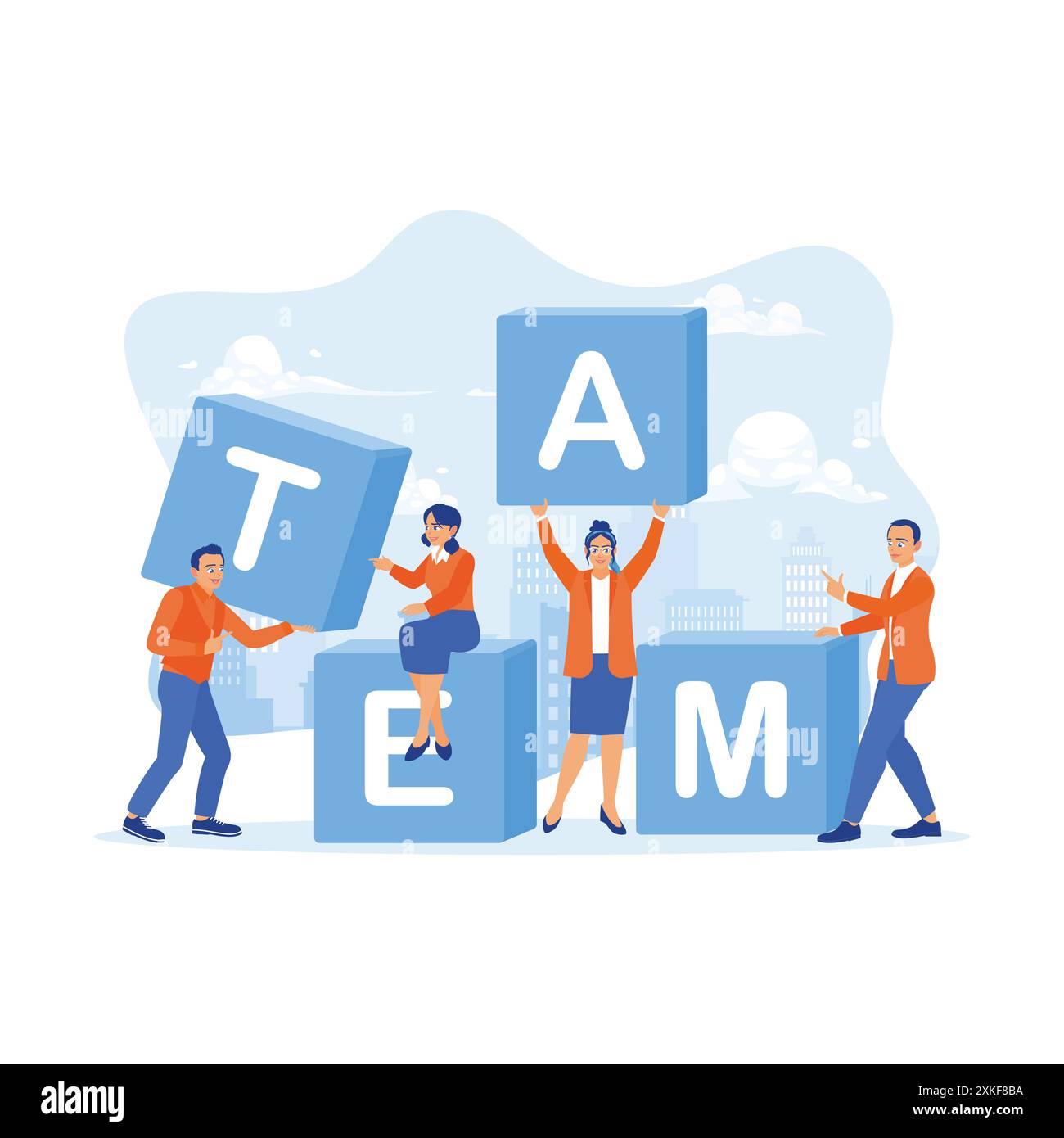 Creative office employee connecting blocks with the word TEAM. The ...
